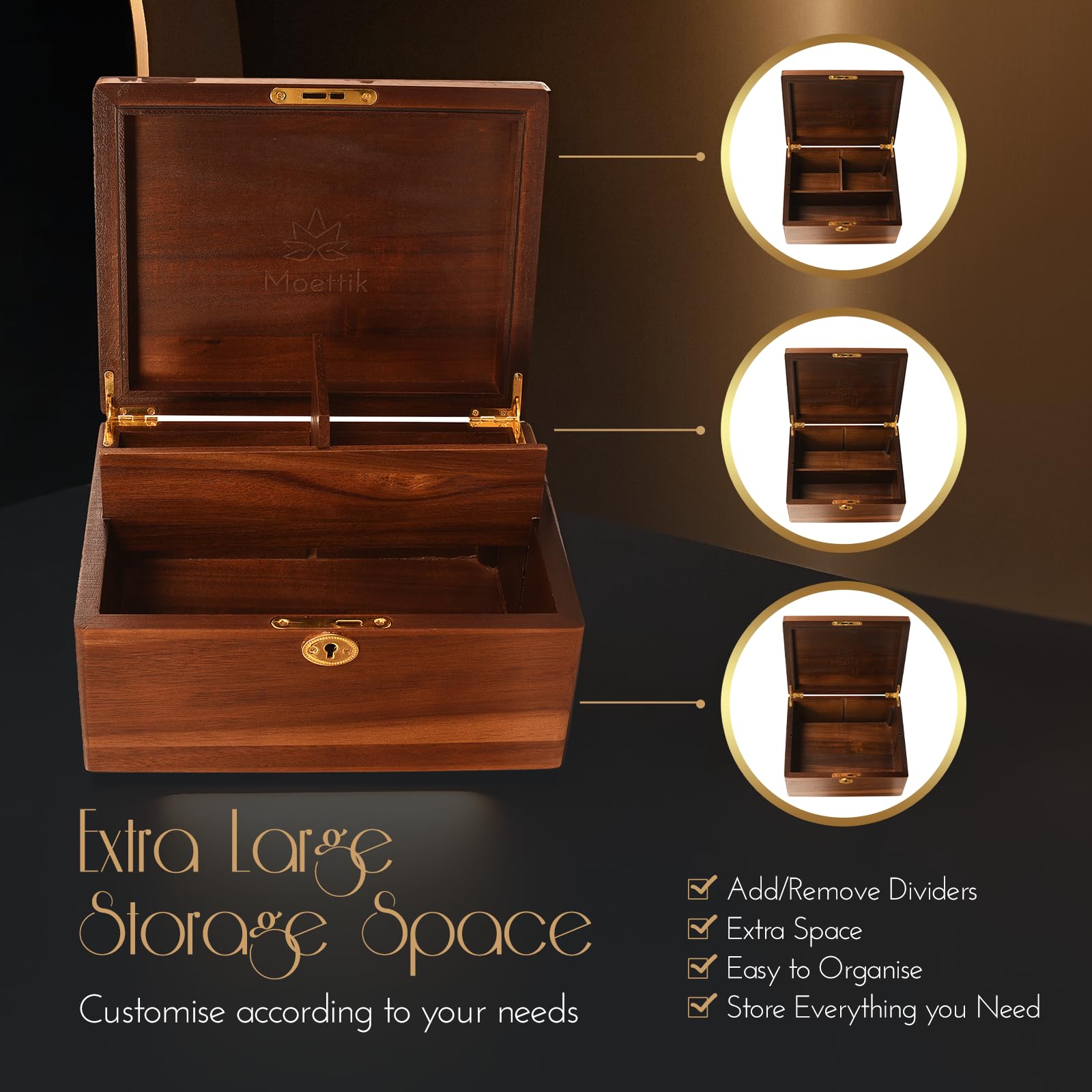 Moettik Premium Storage Box -Acacia Wooden Smell Proof Locking Storage Box with Accessories Removable Wood Tray, Glass Jars, Metal Tube, Ceramic Tray, Brush, Brown Upgraded Design