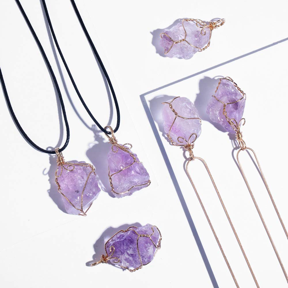 JUNHAN 3PCS Raw Irregular Crystal Pendant Necklace for Women Natural Tumbled Rock Quartz Wrapped Gold Wire Chakra Gemstone Jewelry with 2 Different Chains
