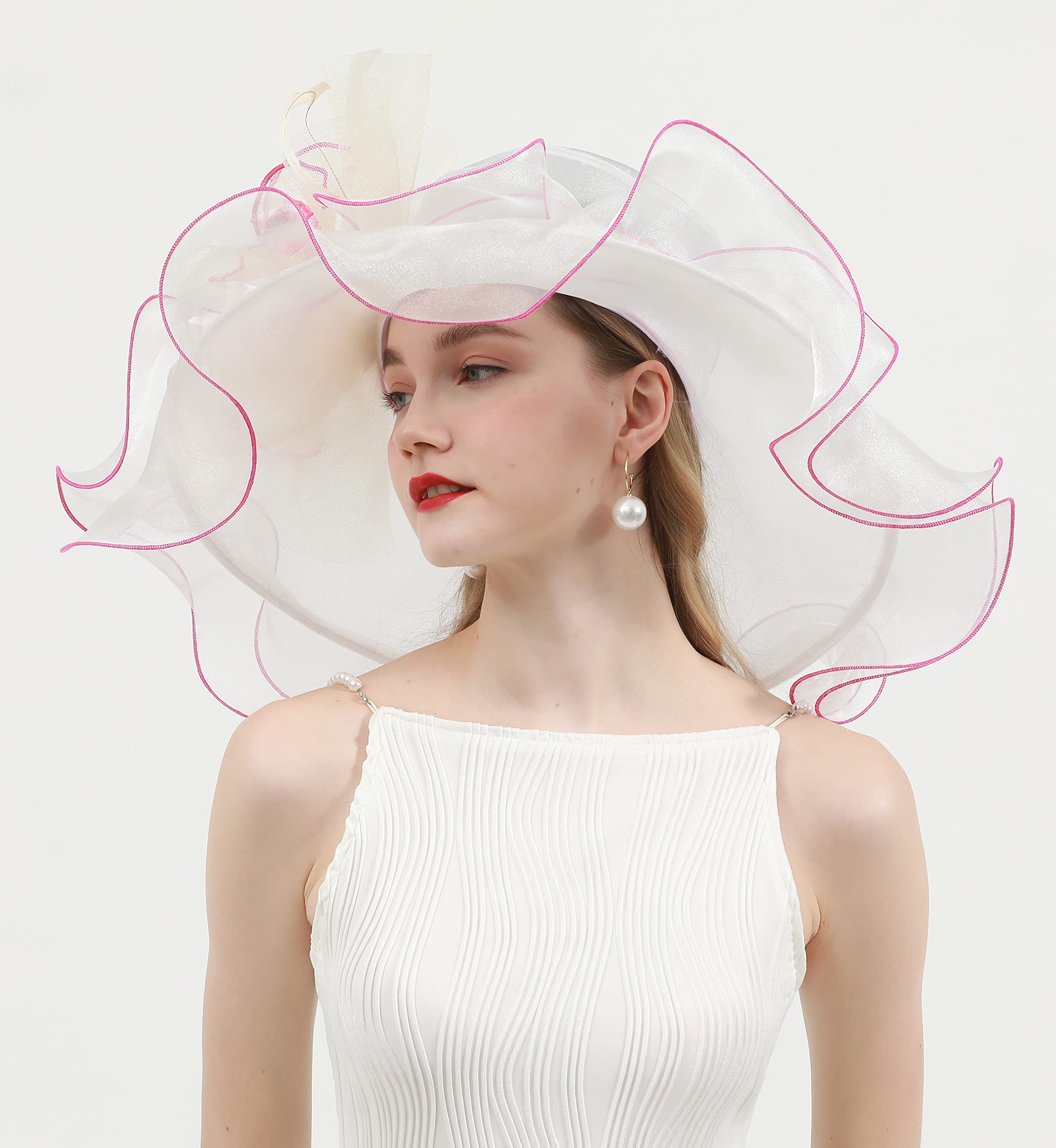 ORIDOOR Women Organza Fascinator Kentucky Hat Derby Floral Tea Party Wedding Hat A865 Pink White …