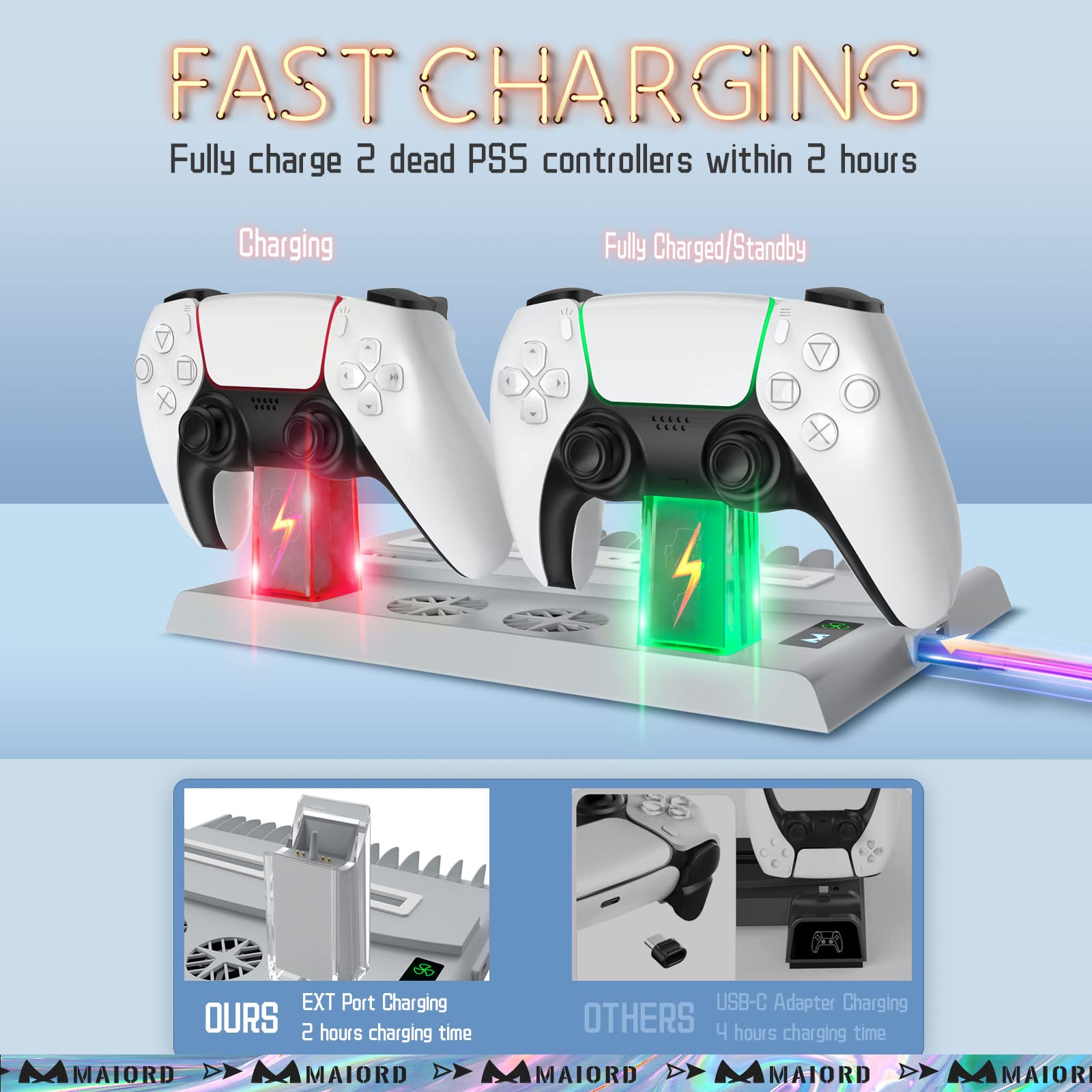 MAIORD PS5 Stand with Suction Cooling Fan and Dual Controller Charger, Suitable for Play Stations 5 Console, PS5 Accessories Include Charging Dock, Headset Holder, 15 Games Storage (White)