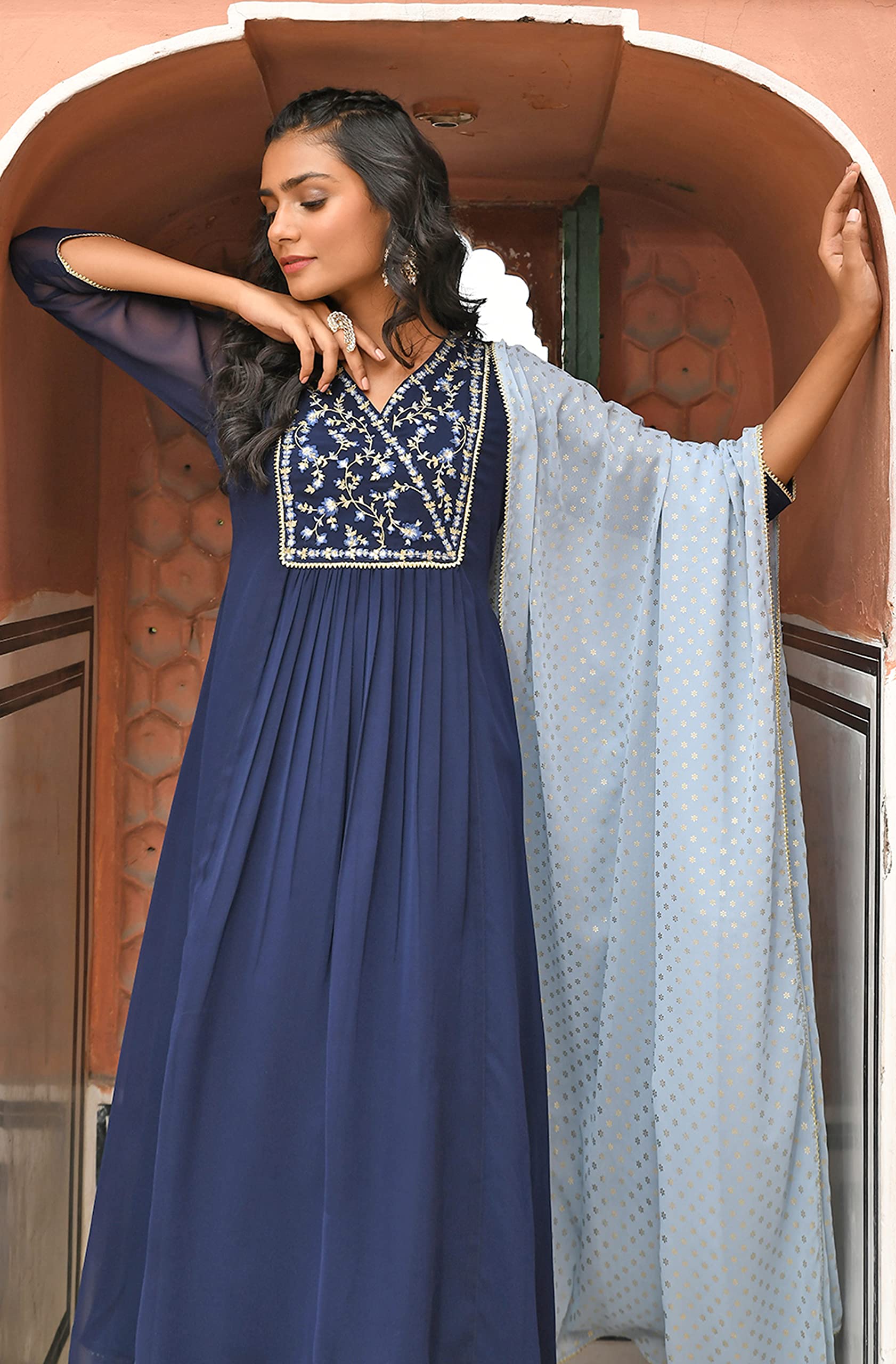 Janasya Indian Women's Navy Blue Georgette Embroidered Kurta with Flared Palazzo and Dupatta