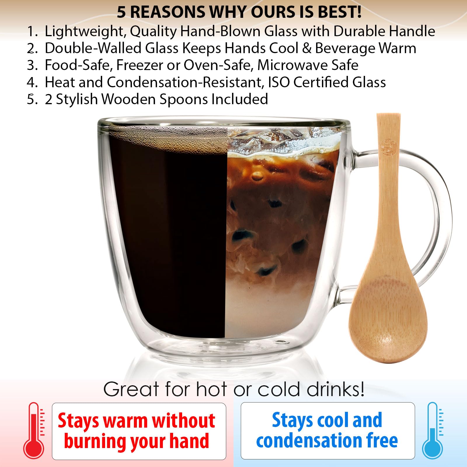 Mainstream Source® Glass Espresso Mugs – Insulated, Double Walled Mug and Espresso Shot Glass with 2 Durable Wooden Spoons, Holds 5.5oz of Espresso (Set of 2)