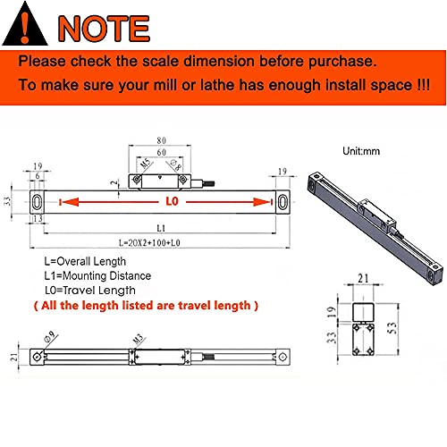 OITTo DRO 3 Axis Digital Readout Display +3pc Glass Linear Scale for CNC Mill Lathe Machine (Customized Size)