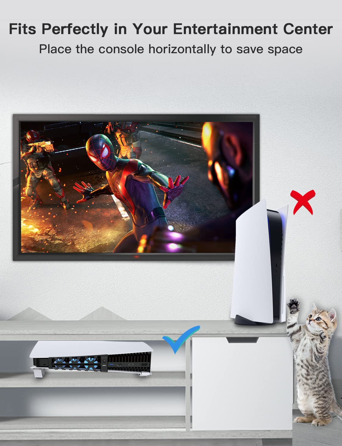 NexiGo PS5 Horizontal Stand with Cooling Fan, [Minimalist Design], Compatible with PlayStation 5 Disc & Digital Editions, Built-in LED Light, Extra USB Port, Easy to Install