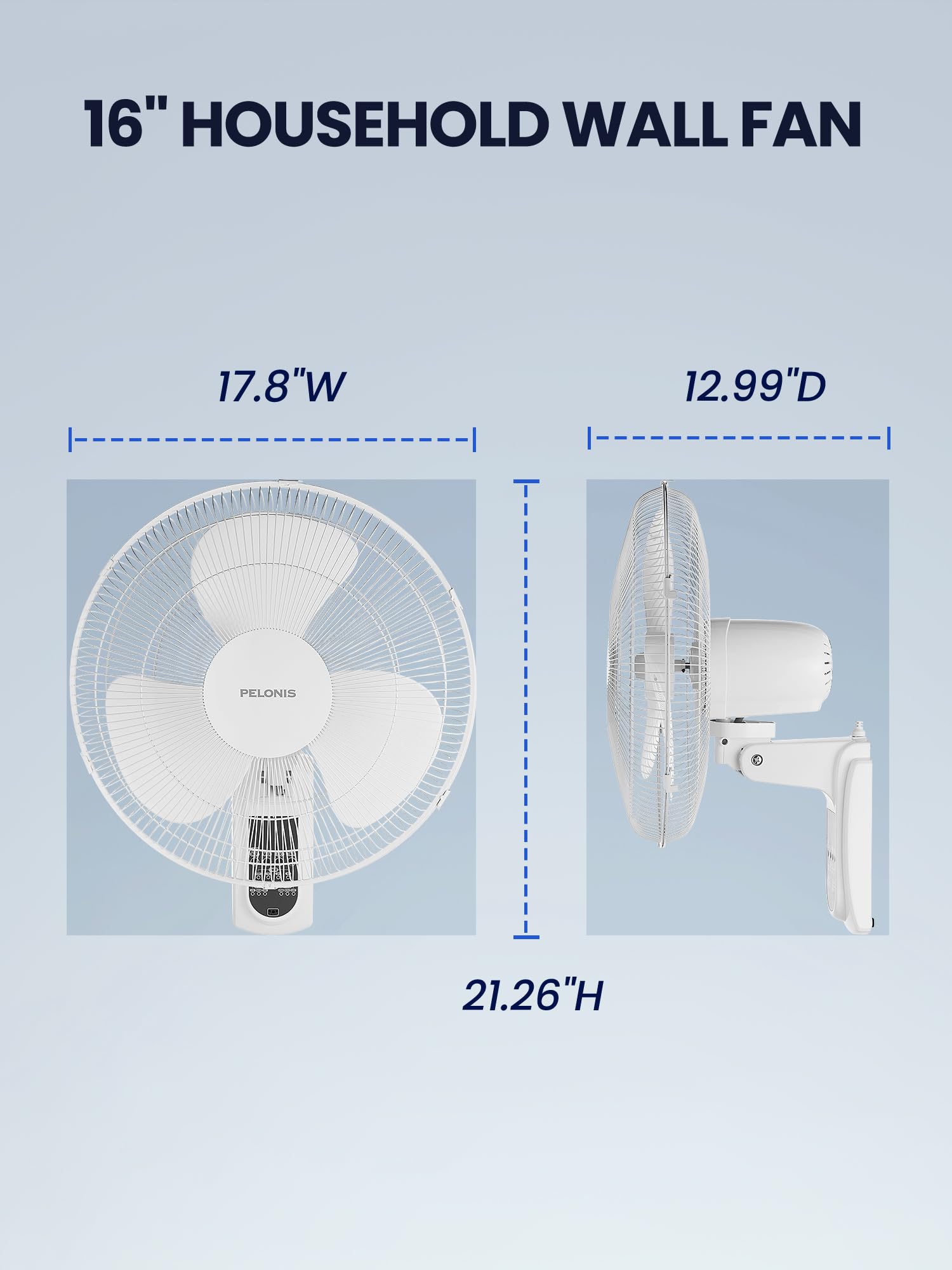 PELONIS 16ββ Wall Mount Fan with 3 Speed Settings Oscillating Fan with Adjustable Tilt High Velocity Household Wall Mounted fan, for Garage Patios Bedroom 2 Packs White