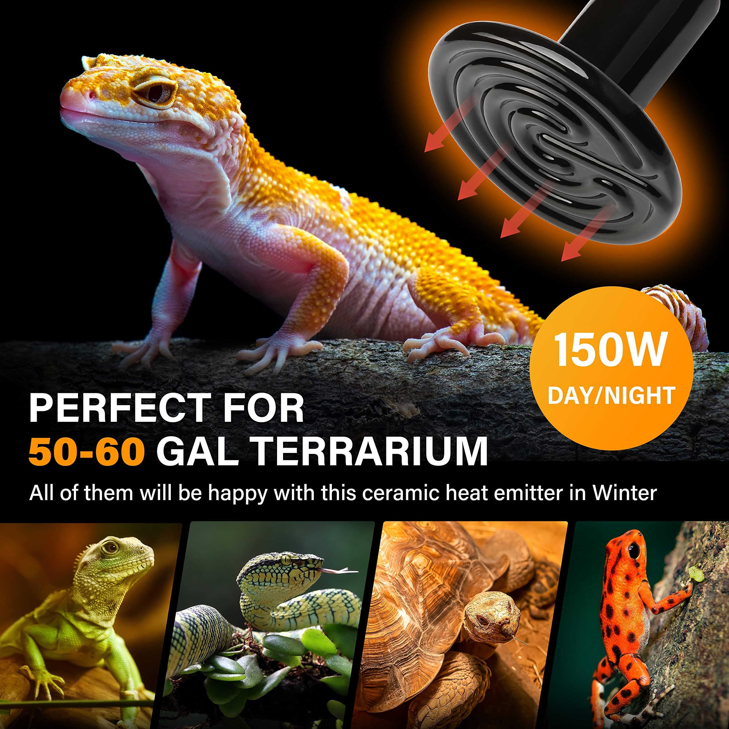 HealSmart Reptile Heat Lamp 150W 2-Pack Ceramic Heat Emitter, No Light Emitting Heat Bulbs for Amphibian Pet Brooder Coop Incubating Chicken, Lizard Bearded Dragon Turtle Snake Terrarium
