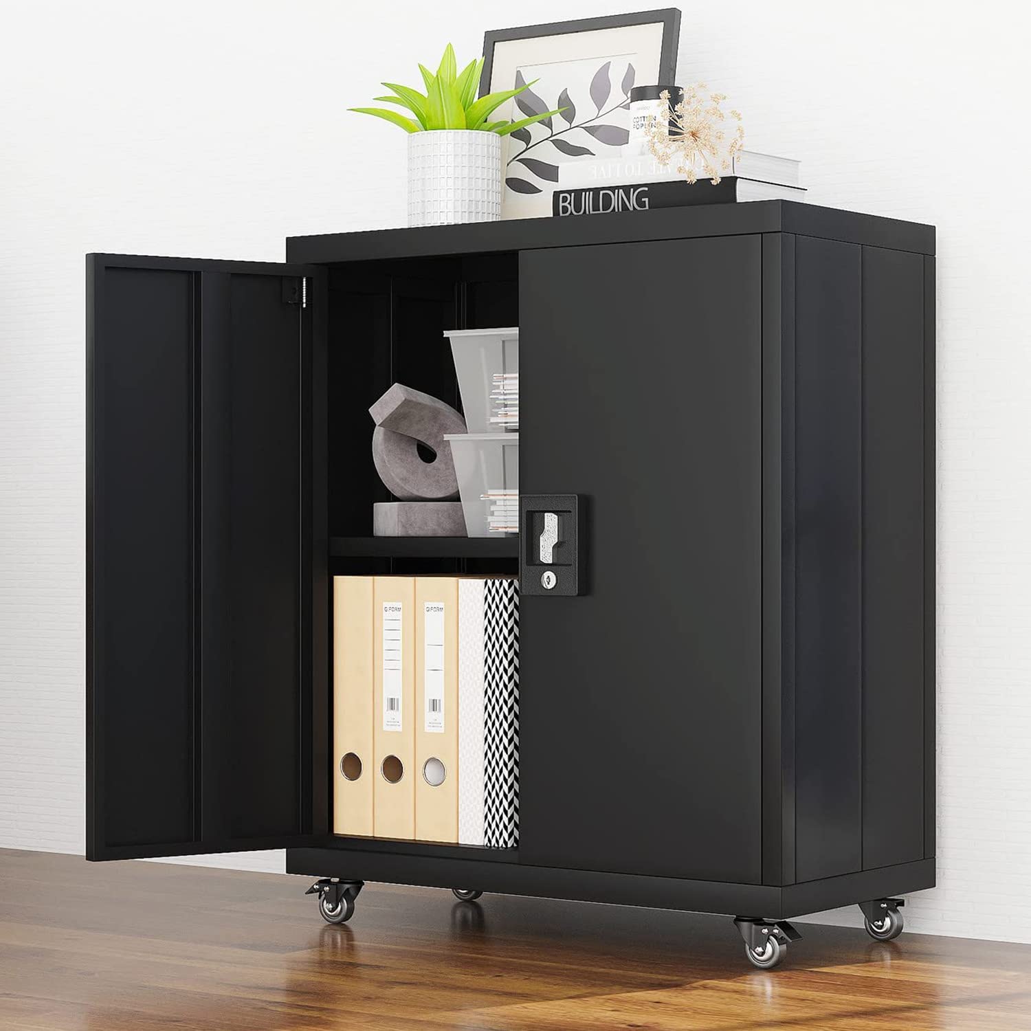 LUCYPAL Metal Storage Cabinet with Wheels,Lockable Steel Storage Cabinet with Doors, Mobile Metal Storage Cabinet with Adjustable Shelf, Metal Filing Cabinet for Home Office,Garage,Black