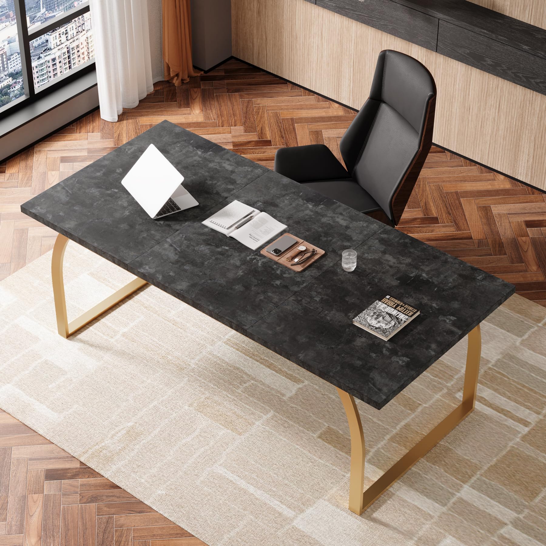 Tribesigns Modern Black Office Desk: 70.87 Inches Computer Executive Desk with Gold Metal Legs, Faux Marble Large Study Writing Table, Simple Desk for Home Office