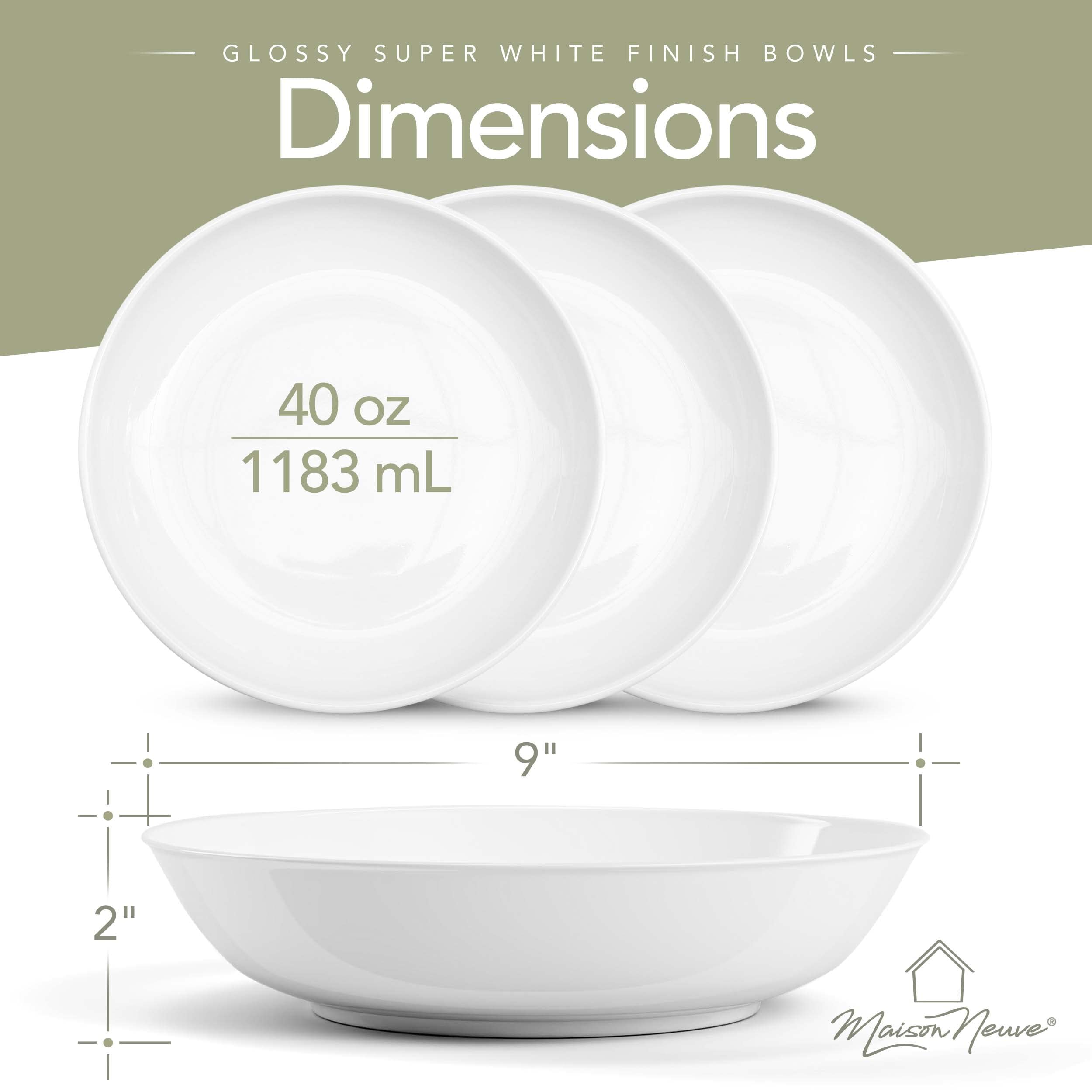 Maison Neuve Premium Porcelain White Dinner Bowls [Set of 4]- 40oz Dinnerware Kitchen Bowls For Soups, Noodles, Pasta, Salads, Desserts- Durable Dishwasher-Safe 9” Serving Bowls- Super White