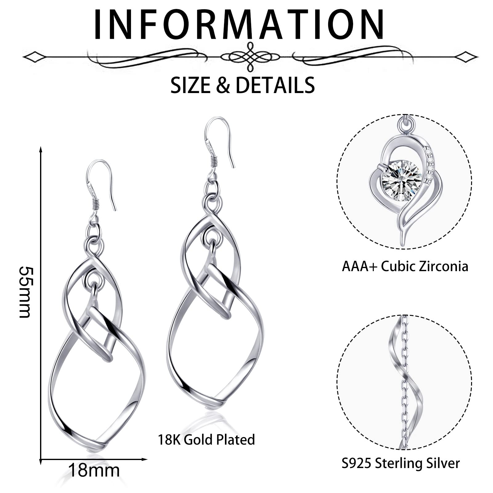 Mevorimp 3 Pairs Sterling Silver Dangle Earrings for Women Twist Linear Drop Statement Fringe Earring Sets for Women Jewelry Gifts