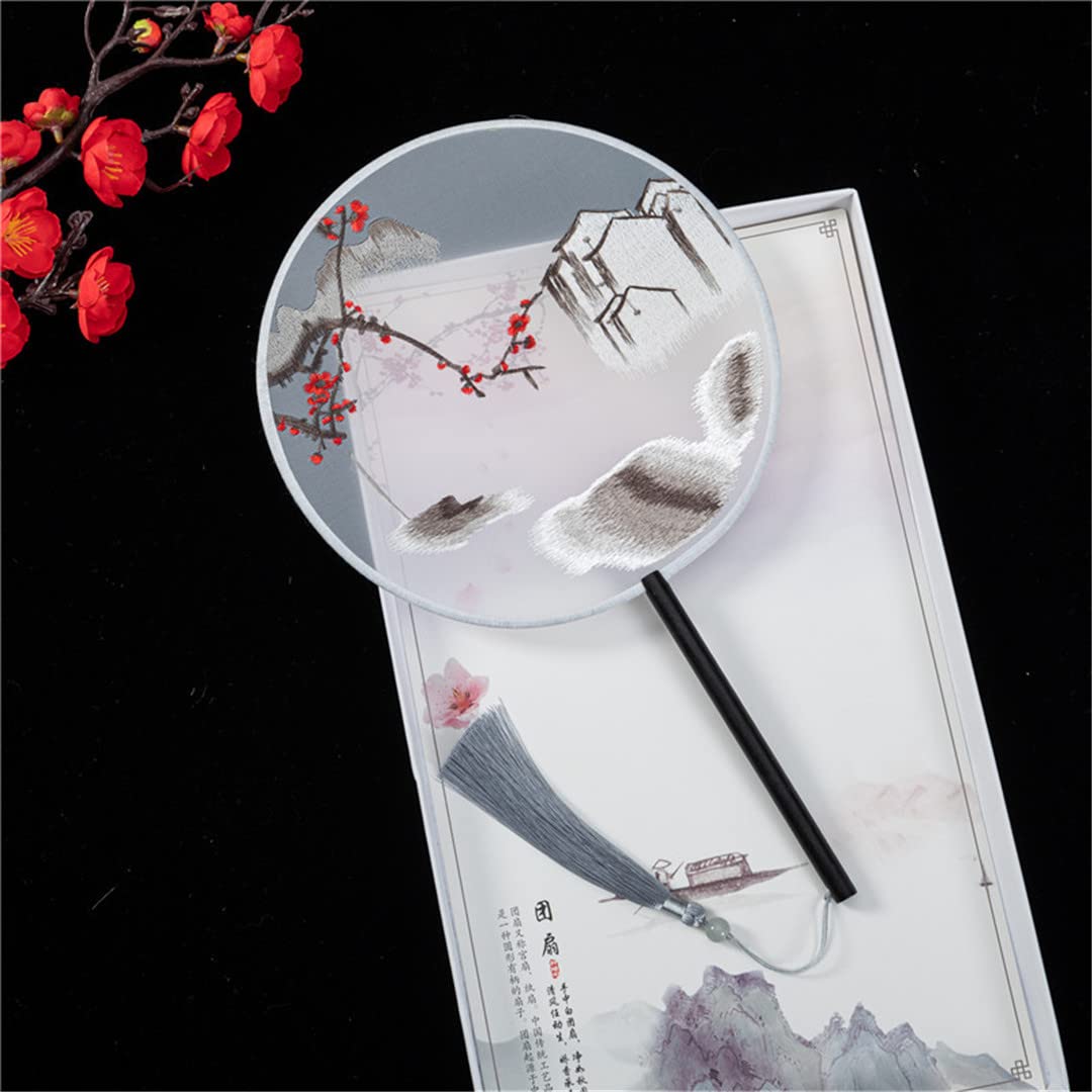 Lmtossey Vintage Round Fan Long Handle Tassel Dancing Hanfu Circular Fan Ancient Chinese Style Classical Printed Court Round Fan Wedding