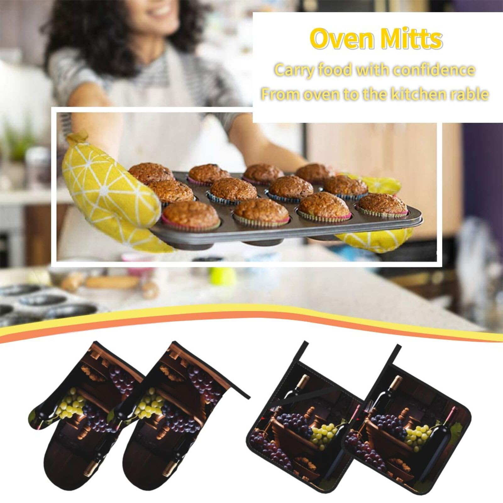 Mount Hour 4-Piece Set Oven Mitts and Potholders, Vintage Grapes Baking Glove and Pot Holder for Cooking BBQ