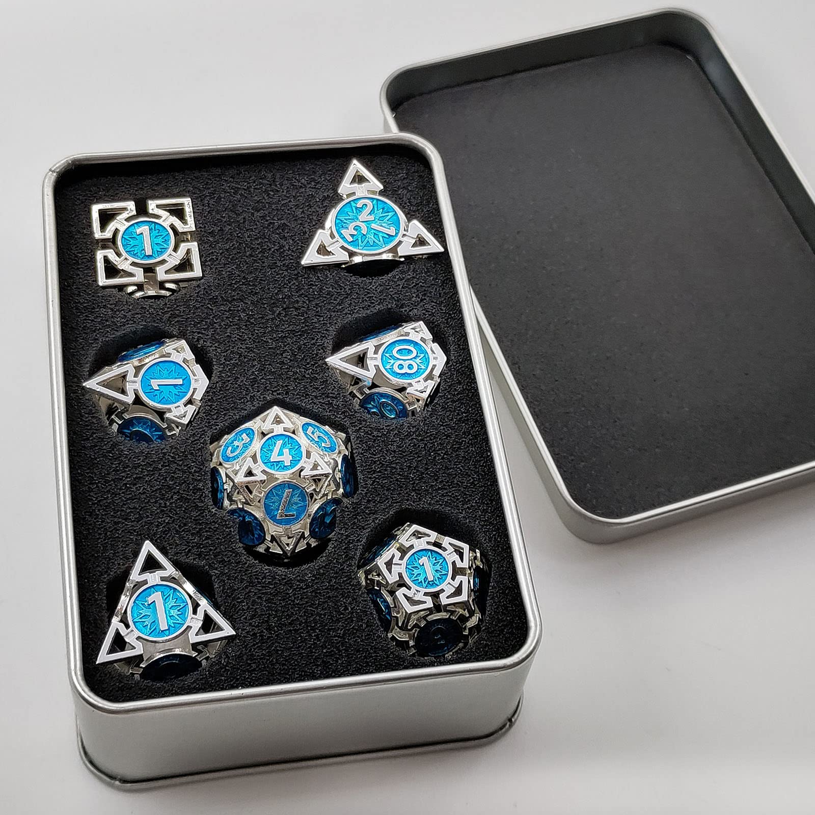 Metal Hollow DND Dice Set Polyhedral Dice D&D RPG Dungeons and Dragons Dice Board Games D and D Role Playing Dice Pathfinder Dice MTG Giant with Gift Box D20 D12 D10 D8 D6 D4 Silver Blue