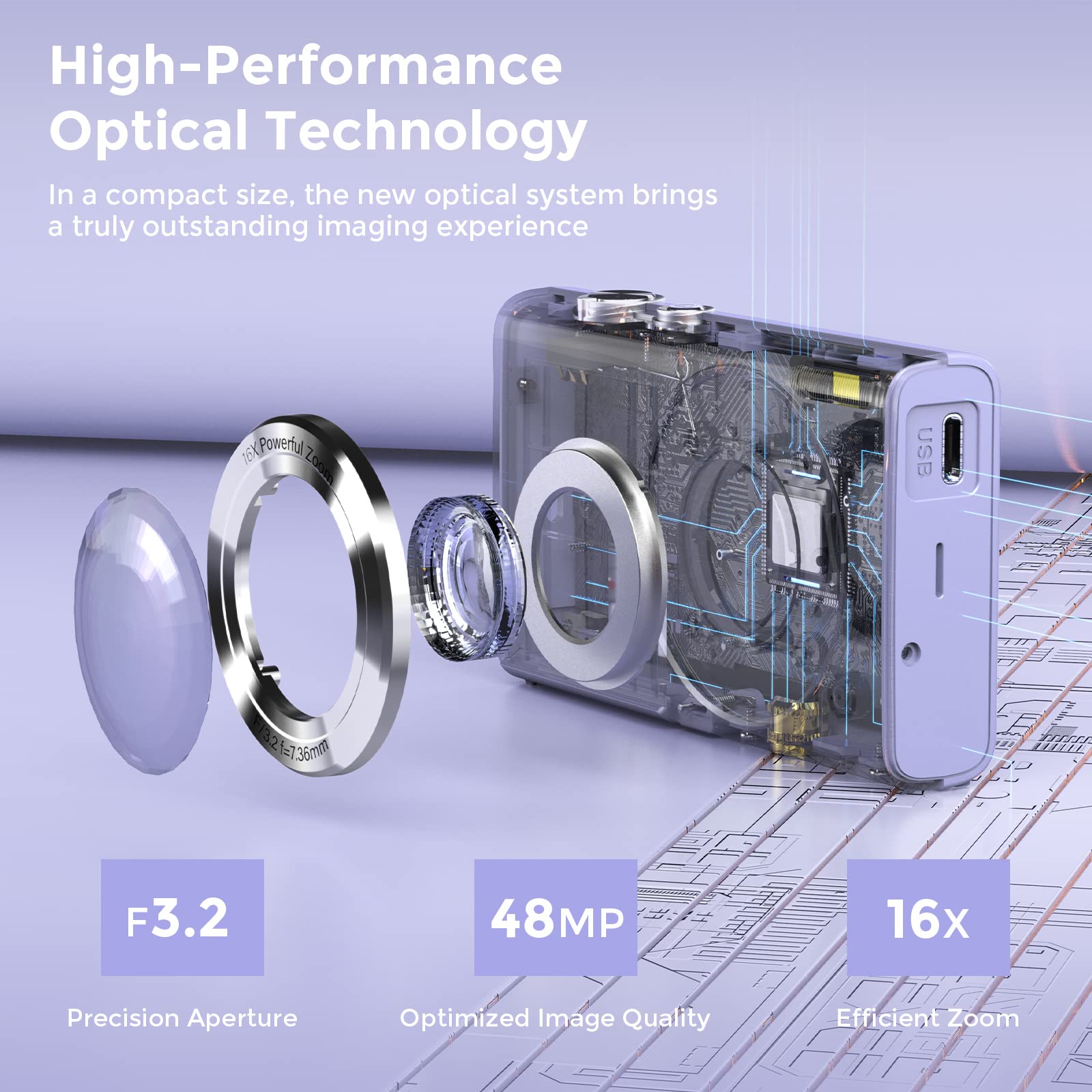 Jckduhan Digital Camera Auto Focus 2.7K Vlogging Camera HD 48MP 16X Digital Zoom Camera with 32G Memory Card 2 Batteries YouTube Portable Mini Compact Camera for Kids Teens Adult Beginner
