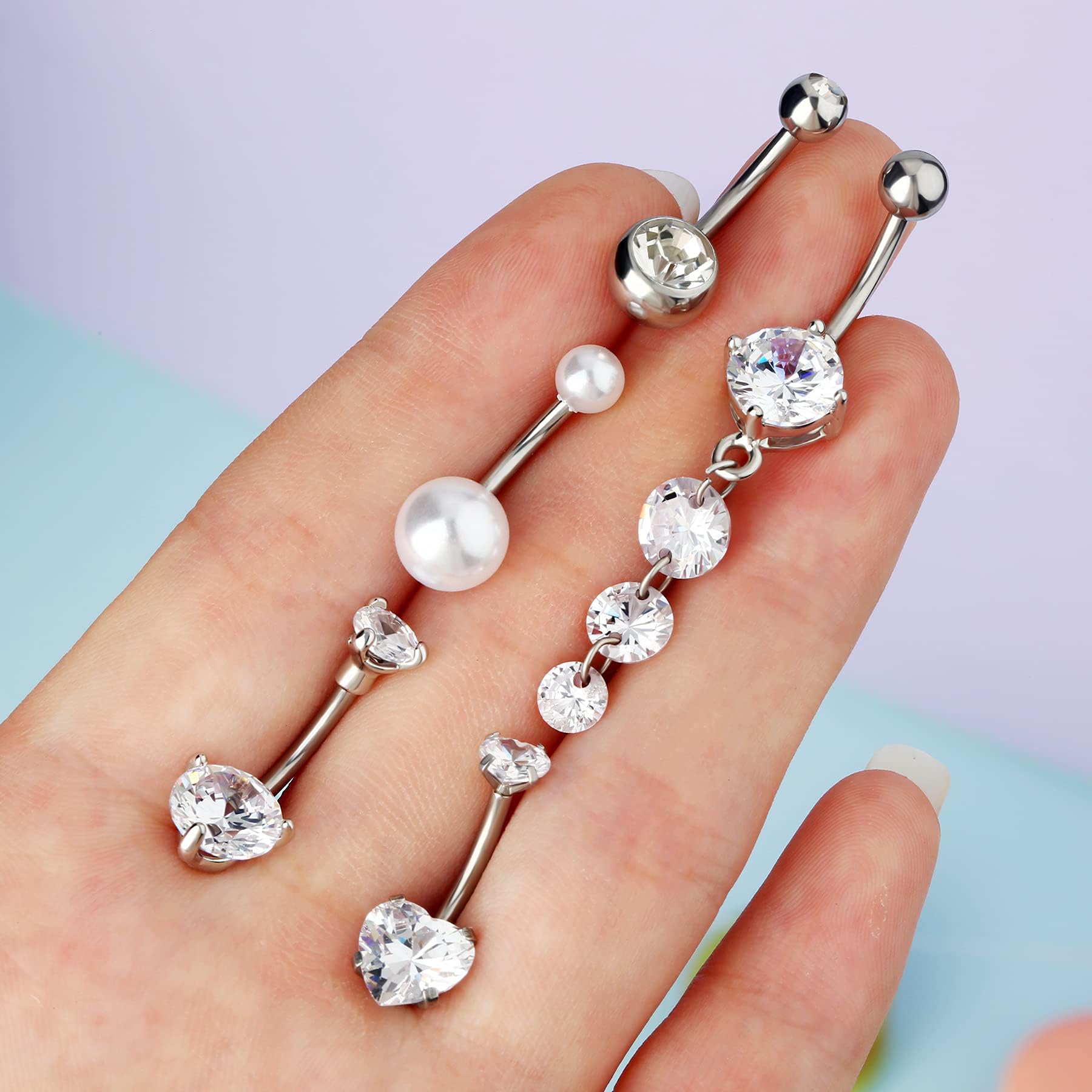 Melighting 5pcs Belly Button Rings 14G Belly Rings Stainless Steel 316L Dangle Belly Piercing Jewelry for Women Pack Clear CZ Belly Piercing Random Shipment