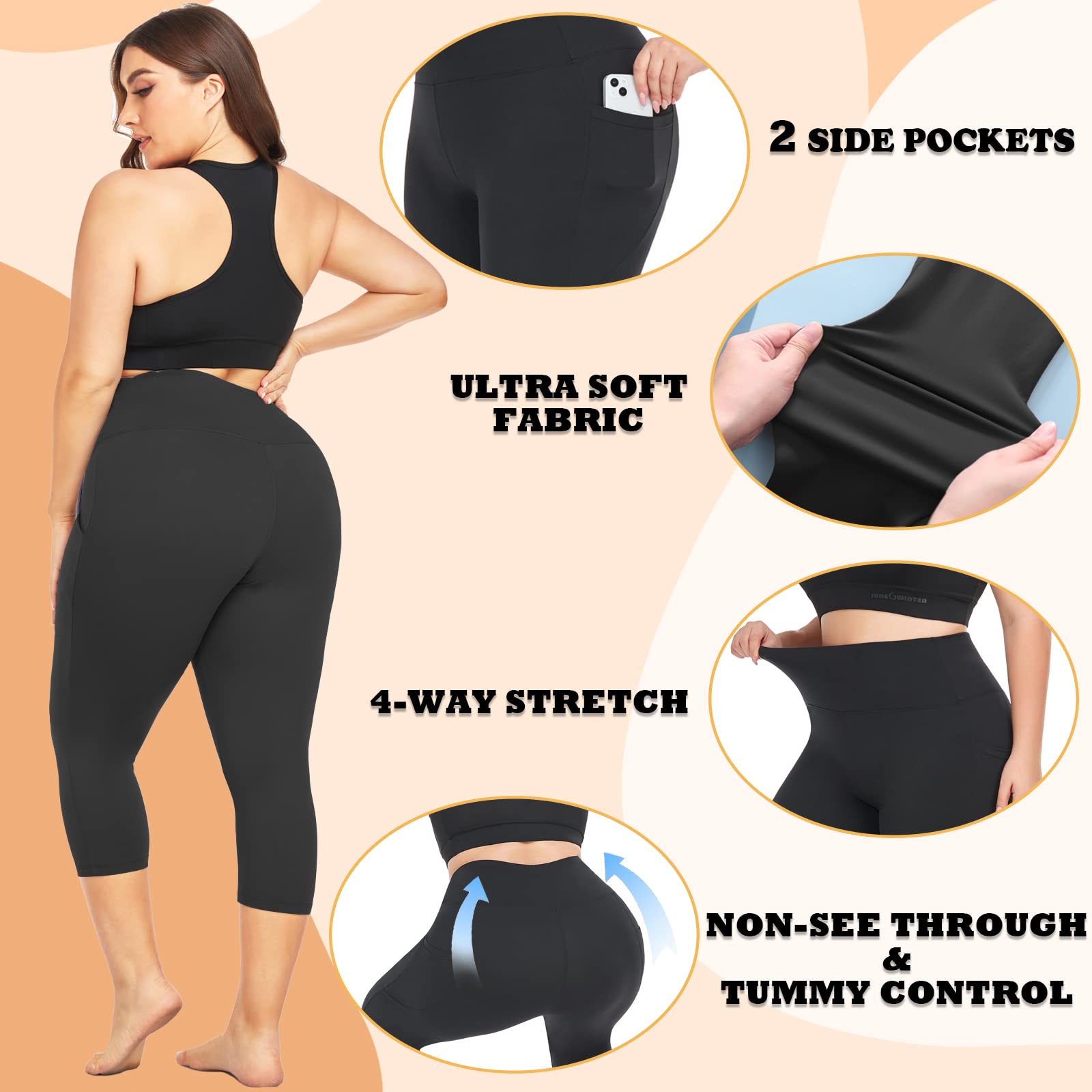 NEW YOUNG 3 Pack Plus Size Capri Leggings with Pockets for Women,High Waist Tummy Control Workout Yoga Leggings