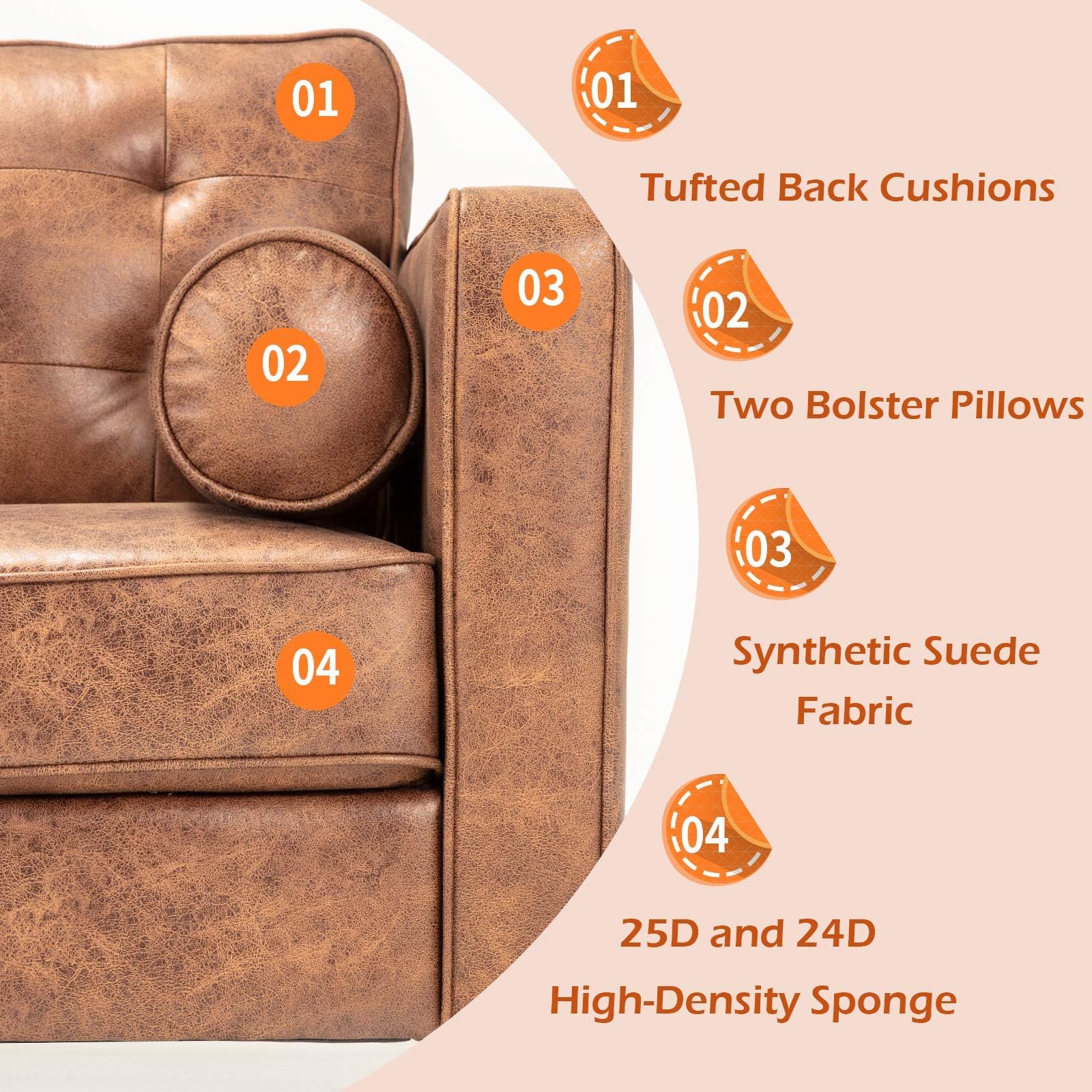 YODOLLA 84.2" Leather Sofa Couch, Mid-Century Modern Sofa with 2 Bolster Pillows, 3 Seats Sofa Vintage Couch for Living Room, Studio and More, Brown