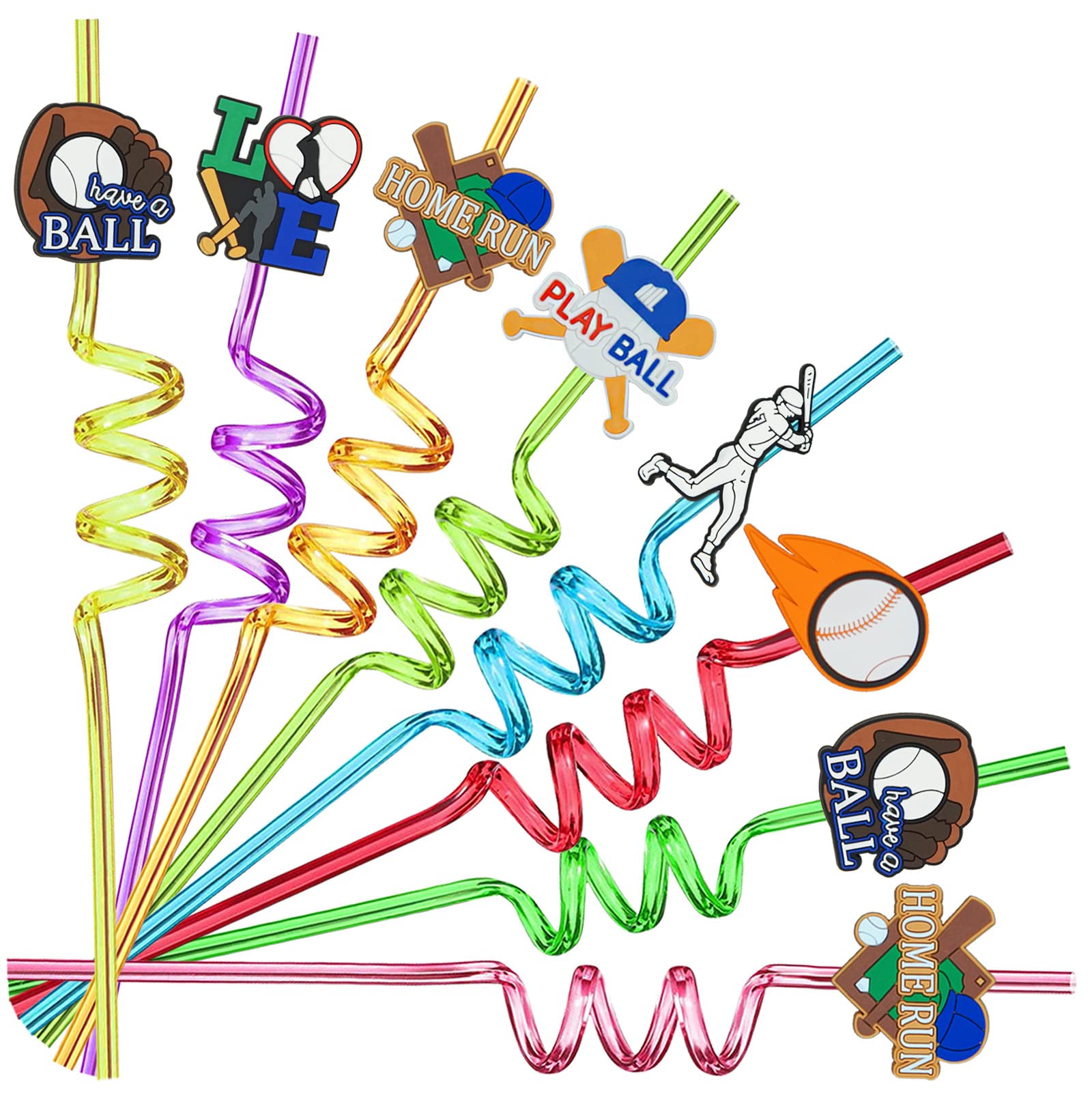 MEAXUR 24pcs Baseball Party Themed twisty Reusable Plastic Straws for Sport Baseball Party Favor Gift Bags,Daily Drinking Straws,Birthday Parties,Class Reunions,With 2 Cleaning Brushes.(8color)