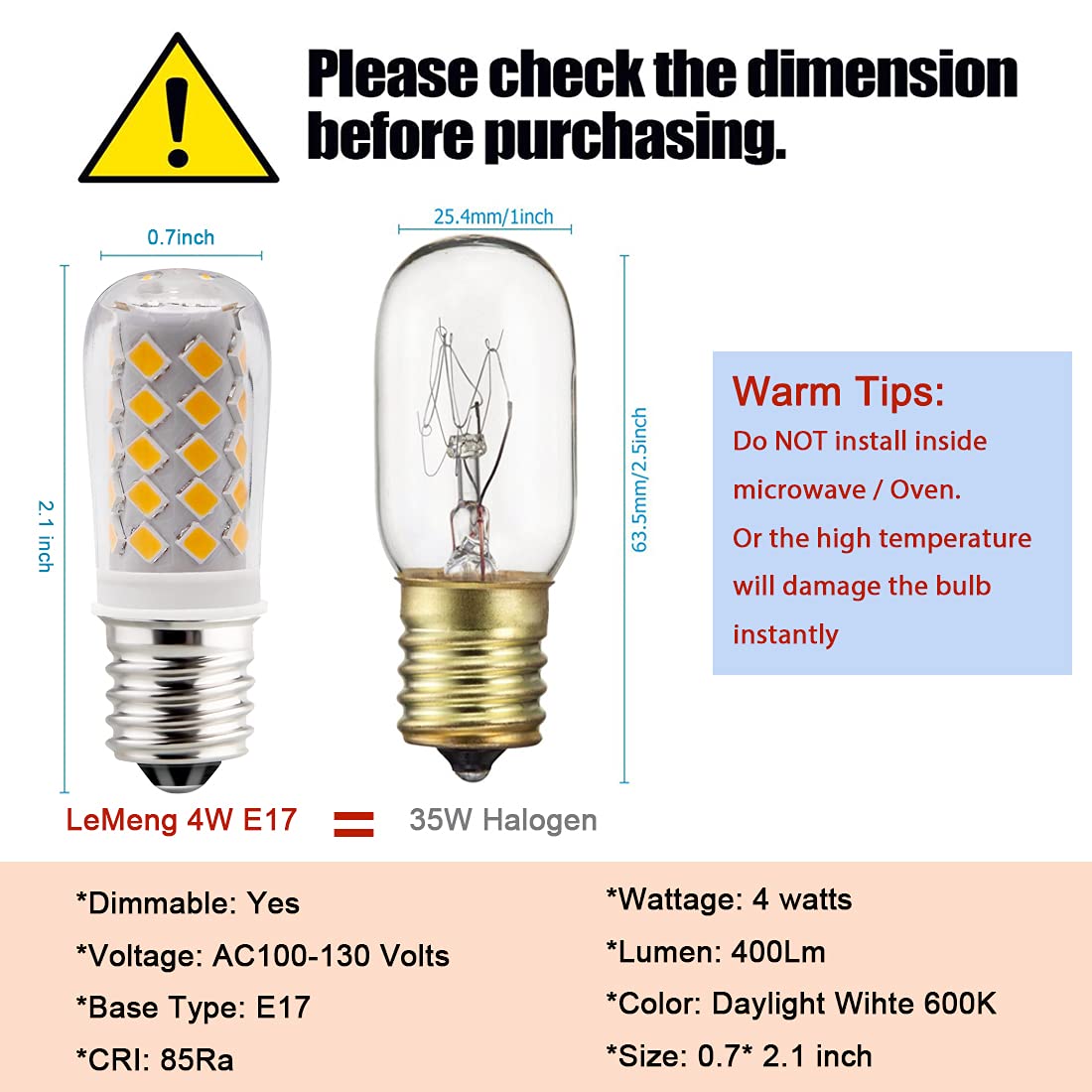 KAKEMONO 4W Dimmable E17 Led Bulb 6000K Daylight White 40watt Microwave Range Hood Over Stove Appliance Light T7 Replacement, Pack of 4