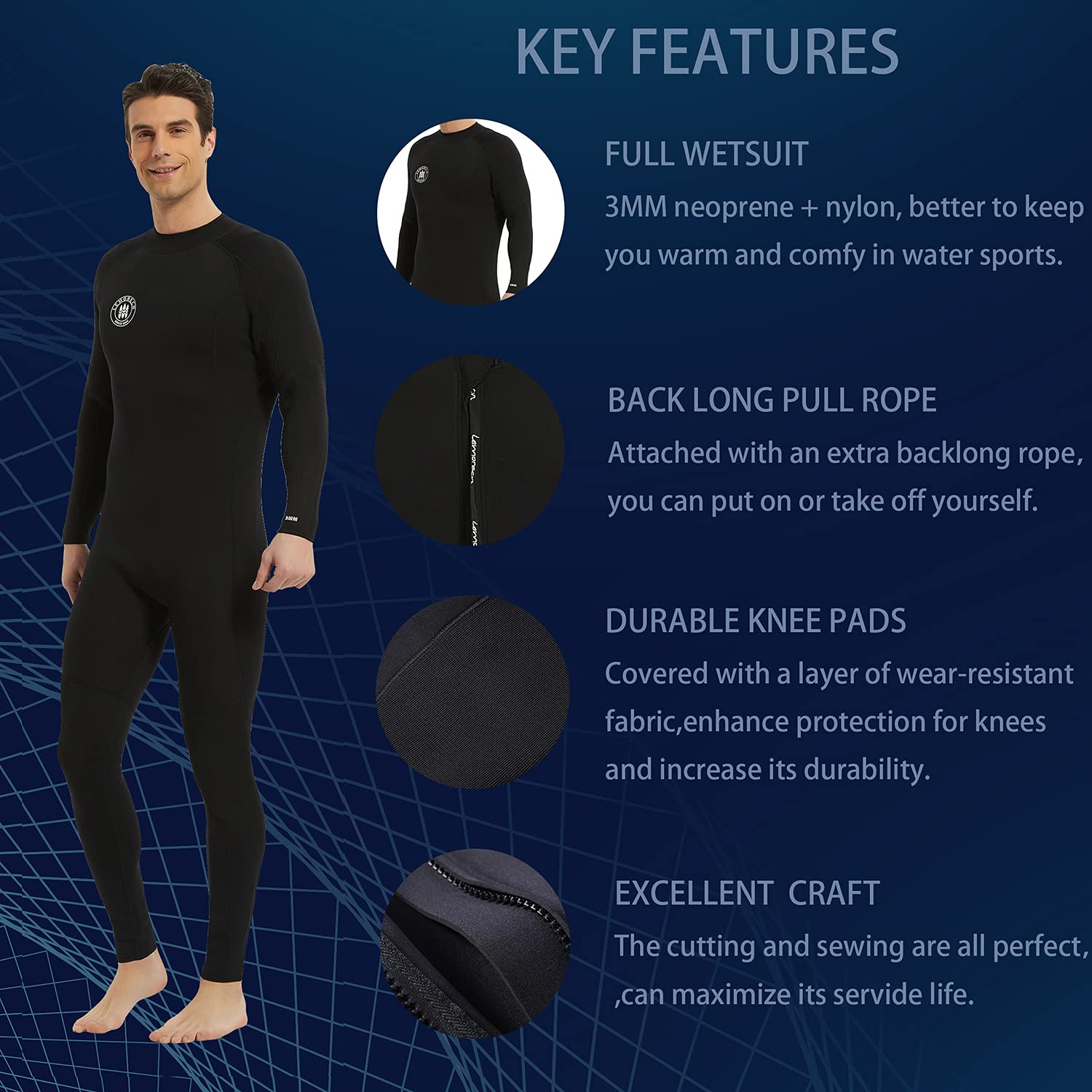 Lemorecn Wetsuits Mens Neoprene 3/2mm Full Body Diving Suit (3038black-XLT)