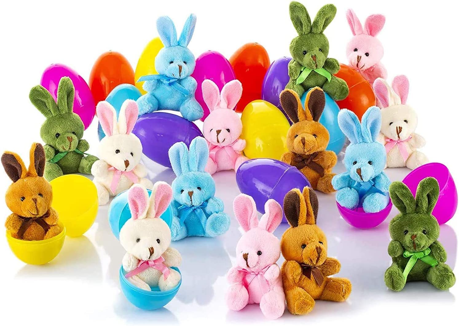 Movpct 15 PCS Filled Easter Eggs with Plush Bunny, 3.2" Bright Colorful, Prefilled with Variety 4.5"