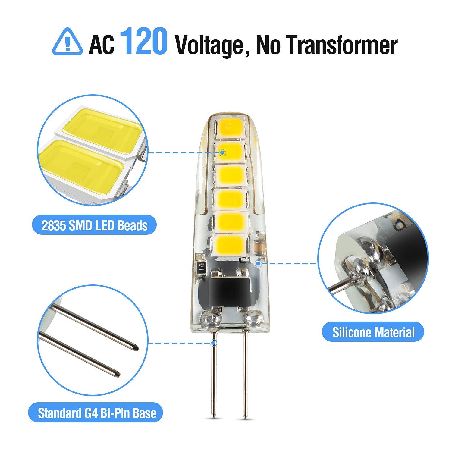KAIQI G4 LED Bulb Dimmable AC 110-130V G4 Bi-Pin Light Bulb 3W (30W Halogen Bulb Replacement) 6000K Daylight White, 6 Pack