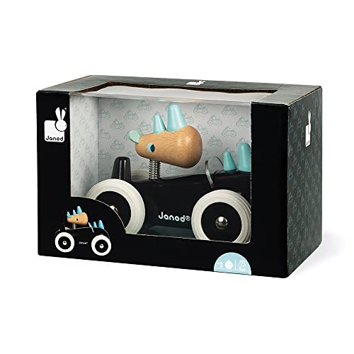 Janod Spirit Wood Car Push Toy - Rony Rhino - Ages 18 Months+ - J04492