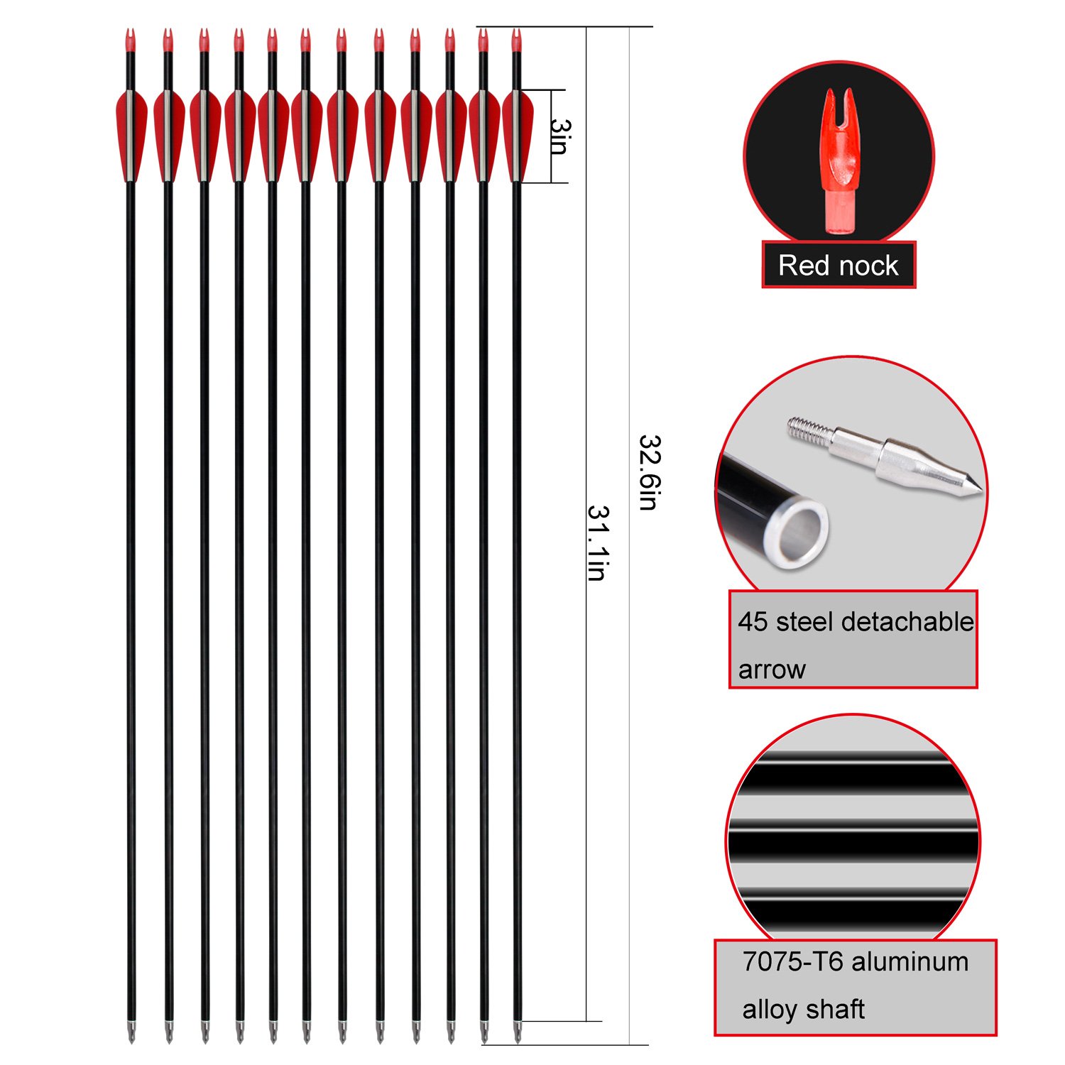kaimei 32inch Aviation Aluminium Targeting Hunting Arrows for Recurve Bow and Compound Bow with 3inch Blade Field Point and Replaceable Tip 12 Pack