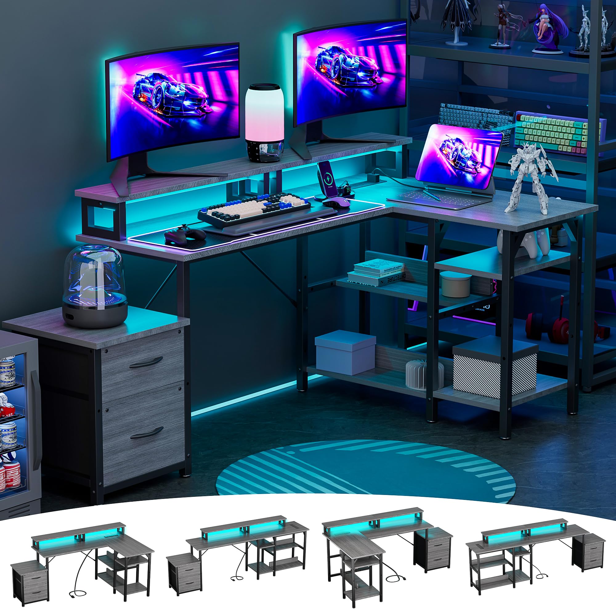 oopswow L Shaped Desk, Office Desk,68 Inch Corner Desk with File Drawers & Storage Shelves,Large Reversible Home Office Desks Writing Study Table Workstation with Power Outlets & LED Lights,Grey