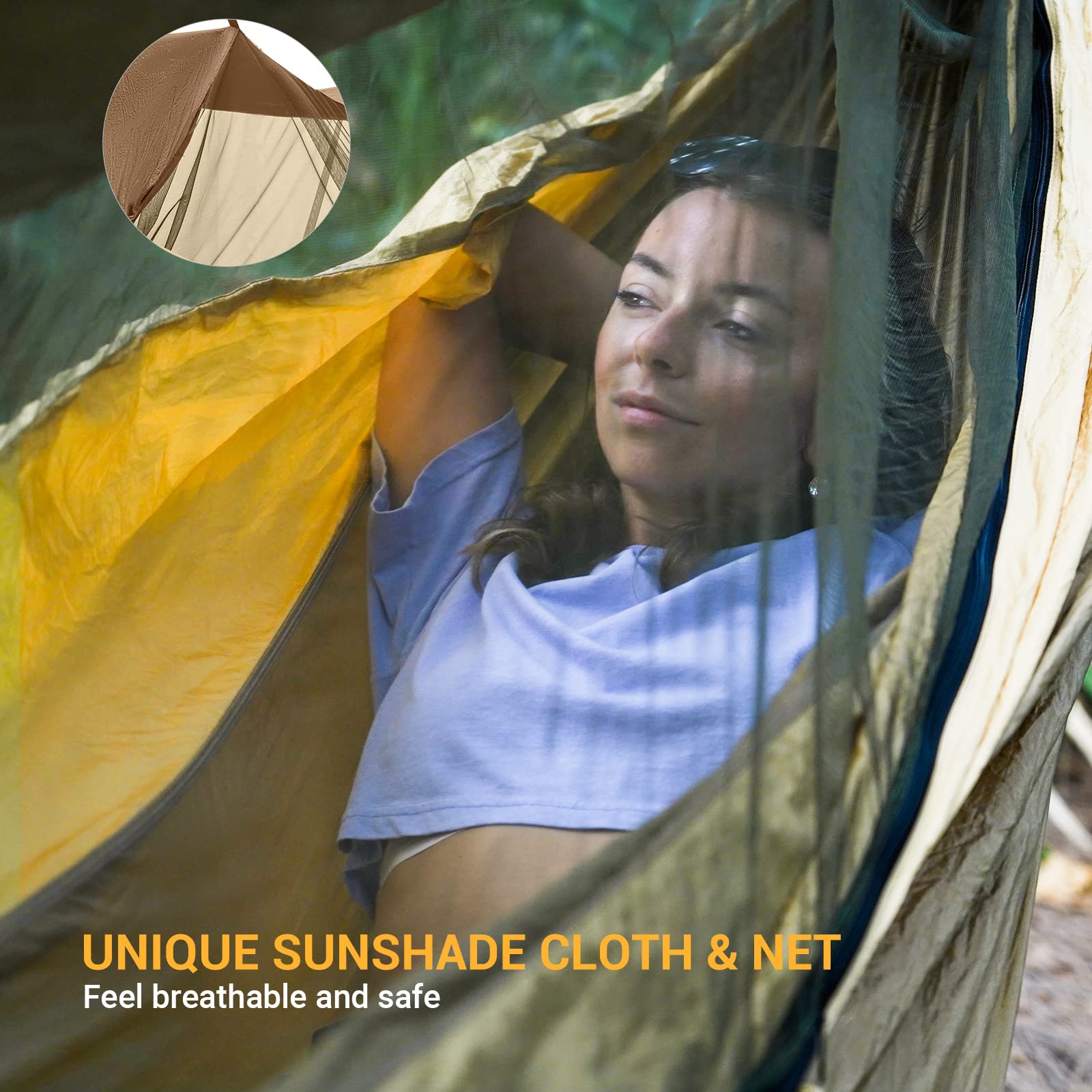 KingCamp Camping Hammock with Net, Double & Single Portable Hammock add Sunshade Cloth Lightweight Tree Hammocks for Outside Camping Travel Backpacking Backyard Support to 550lbs, Tree Straps (Black)
