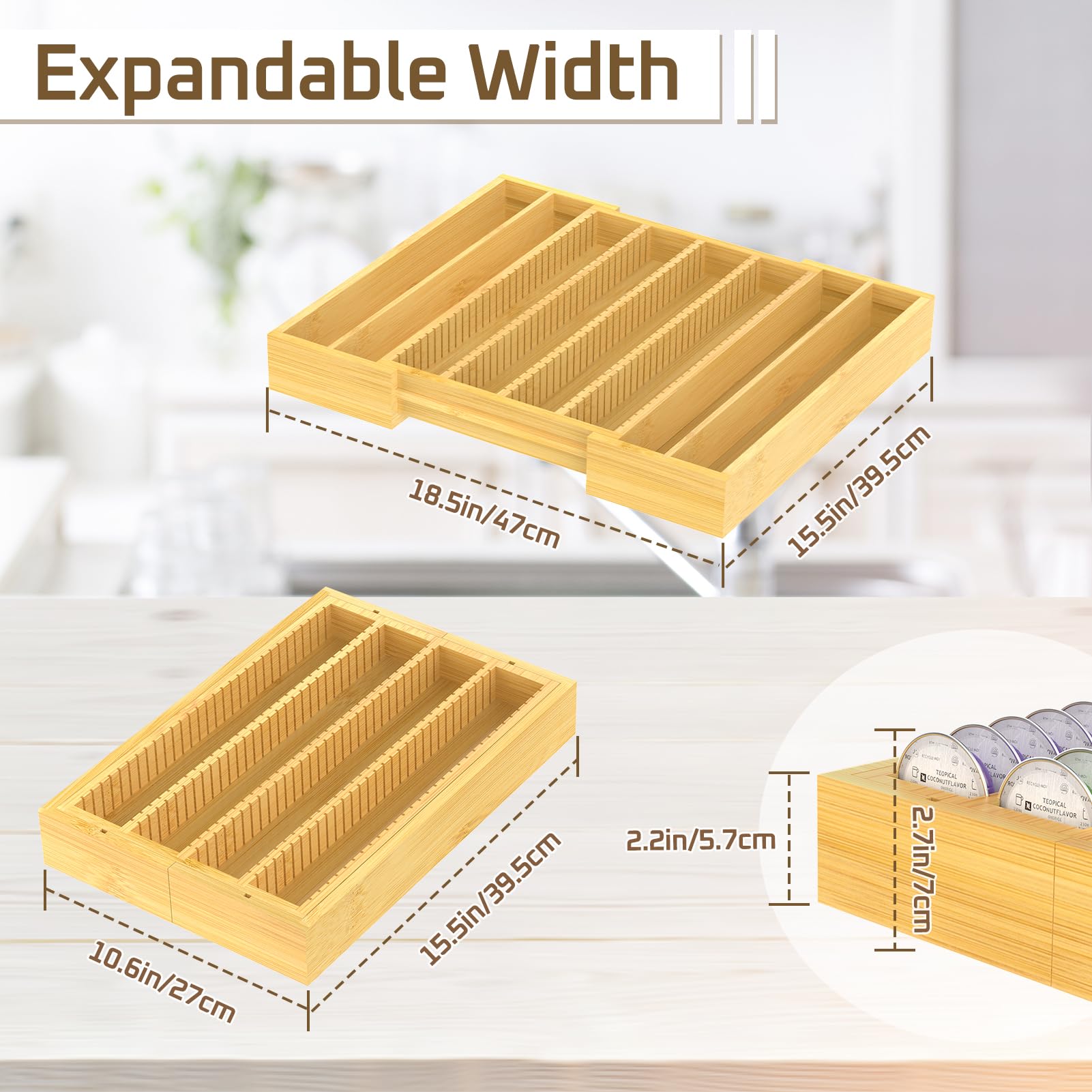 KMOTASUO Bamboo Coffee Pod Storage Holder Drawer Insert, Expandable Coffee Pods Organizer for Counter, Compatible with Vertuo Vertuoline Capsules for Kitchen Coffee Station (Expandable)