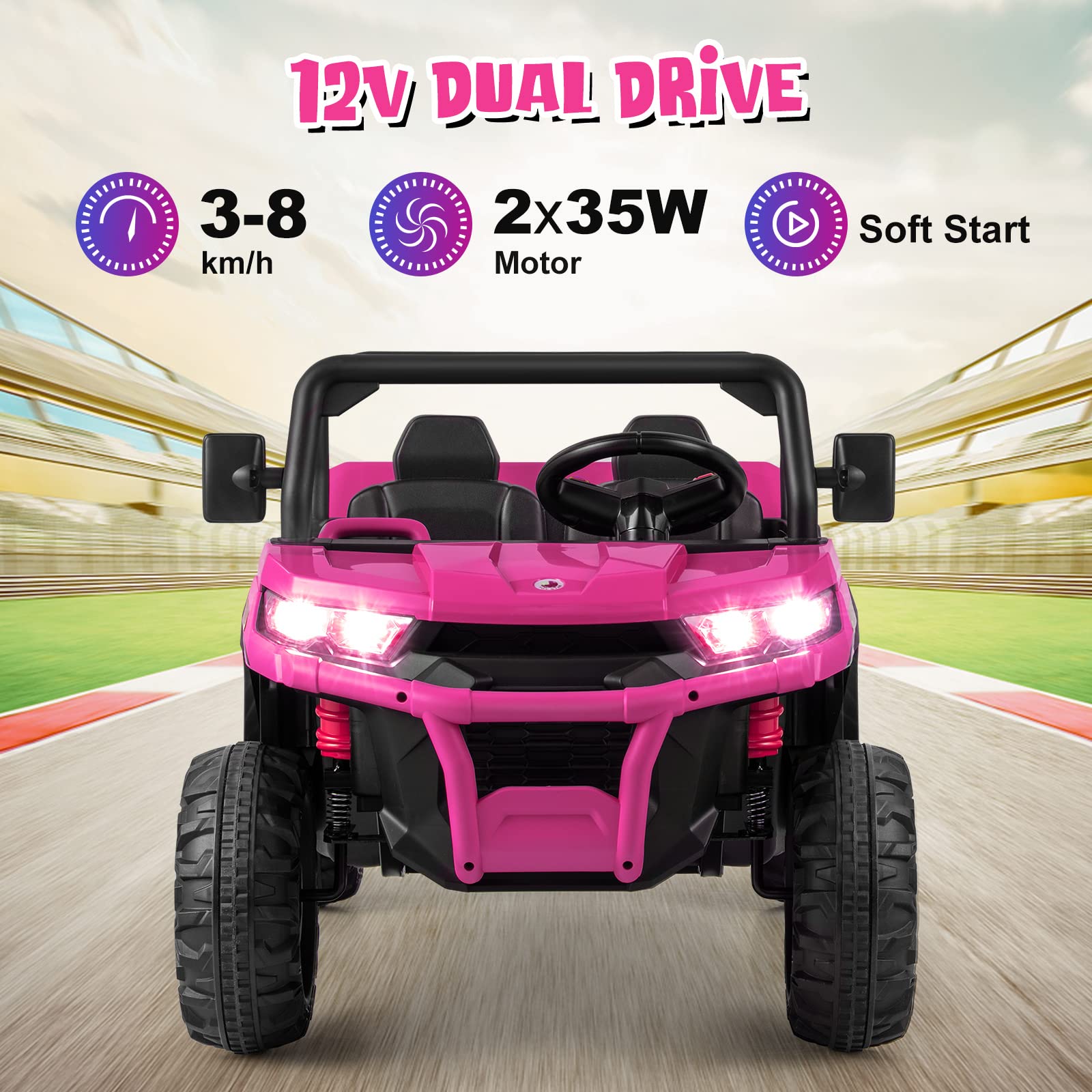 OLAKIDS 2 Seater Ride On Car, 12V Off-Road UTV Electric Vehicle with Remote Control, Dump Bed, Extra Shovel, Music, USB, AUX, Rocking Function, Kids Toddlers Battery Powered Truck (Pink)
