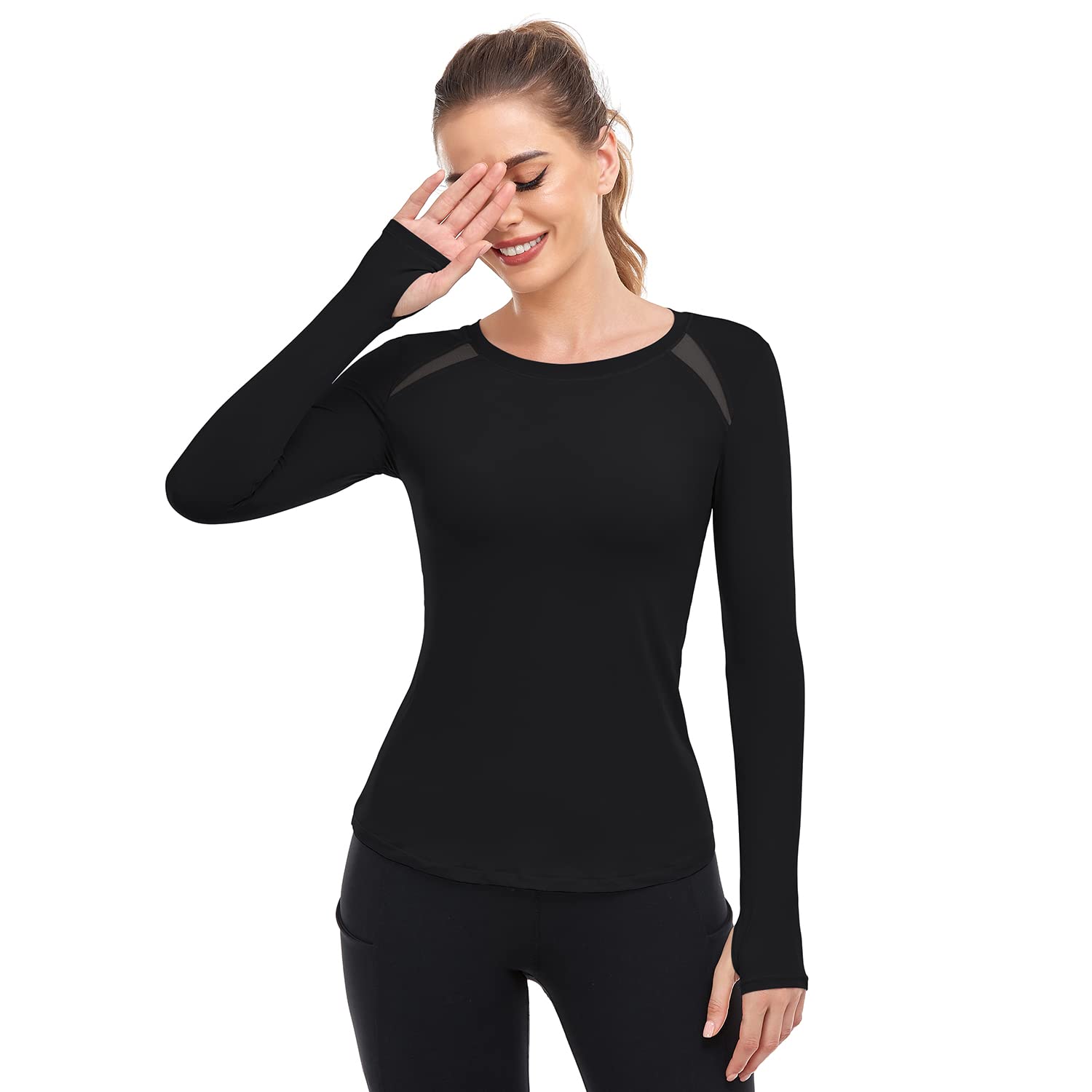 Jusfitsu Long Sleeve Workout Shirts for Women Stretchy Athletic Tshirts Slim Fit Breathable Running Tops Mesh Back L Black