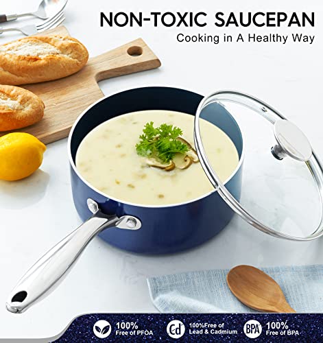 MICHELANGELO Sauce Pan Sets, Ceramic Saucepans with Lids, 1Qt & 2Qt & 3Qt Sauce Pans with Lid, Nonstick Saucepan Set, Small Pot with Stainless Steel Handle, Oven Safe, Blue