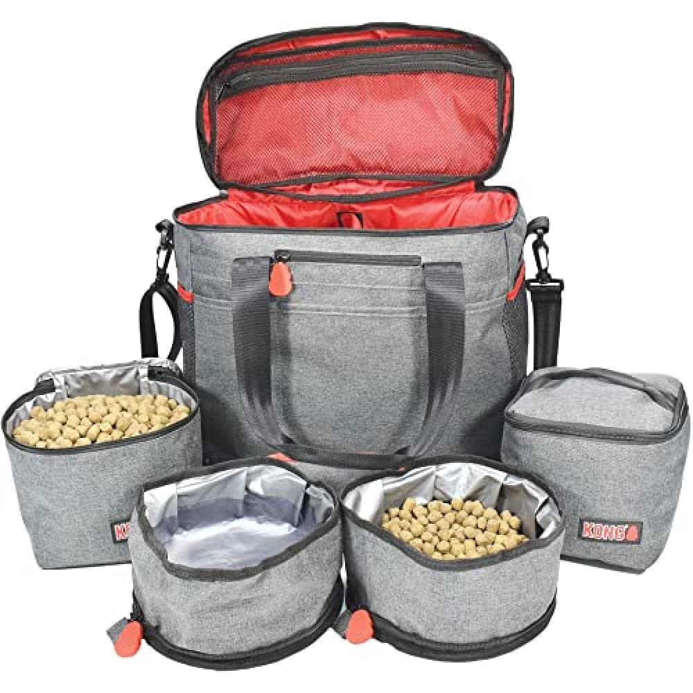 KONG Pet Travel Bag (5-Piece) & Washable Tote Organizer - Food Storage Containers & Collapsible Bowls, Multi-Functional Pockets - Great Weekend Pet Travel Set for Dog