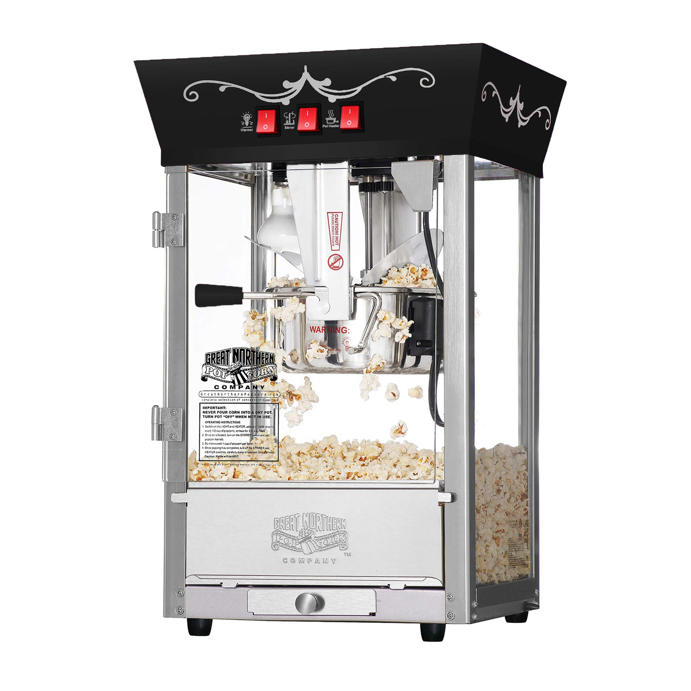Matinee Popcorn Machine - 8oz Popper with Stainless-Steel Kettle, Reject Kernel Tray, Warming Light, and Accessories by Great Northern Popcorn (Black)
