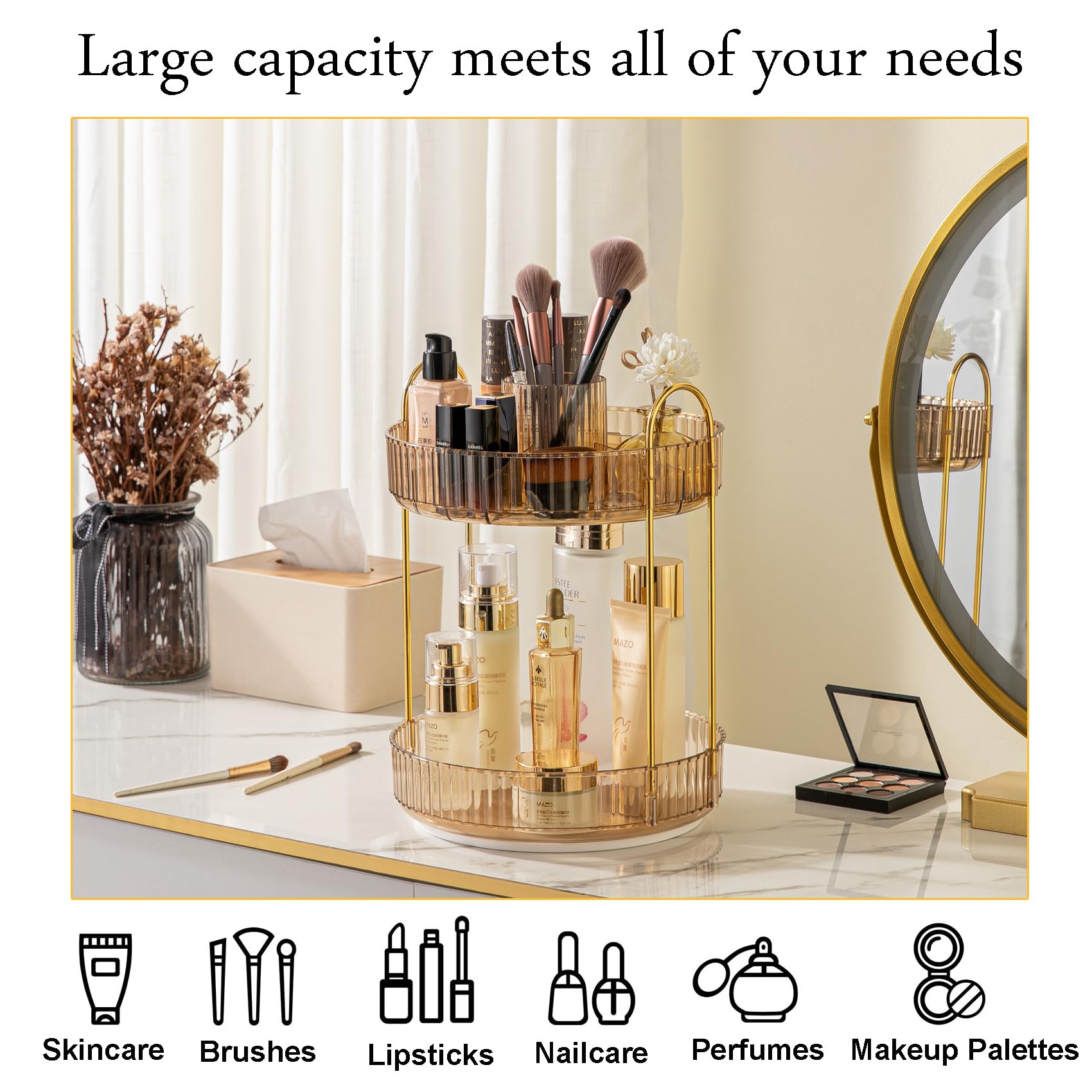 LAECHATAR Rotating Makeup Organizer for Vanity 2 Tiers, Large Capacity Skincare Organizers and Storage, Perfume Organizer Countertop, Spinning Bathroom Lazy Susan (Vintage Gold)