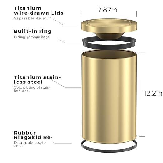 YOJIA 9L / 2.4 Gallon Stainless Steel Gold Trash can with Flipping Lid, Fingerprint-Proof Garbage Cans, Wastebasket Bin for Bathroom,Bedroom,Dorm,Office,Hotel,Metallic Gold (Gold Single Layer)