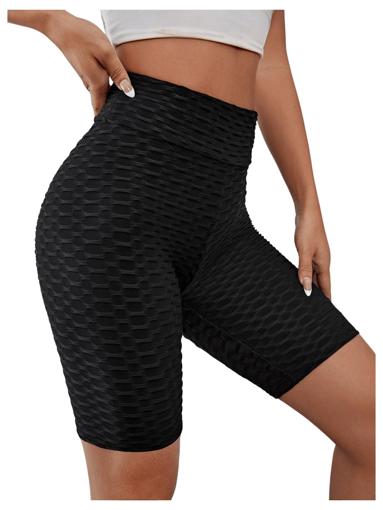 MakeMeChic Women's Lace Trim Wide Waistband High Waisted Biker Shorts Short Leggings Under Shorts Black M