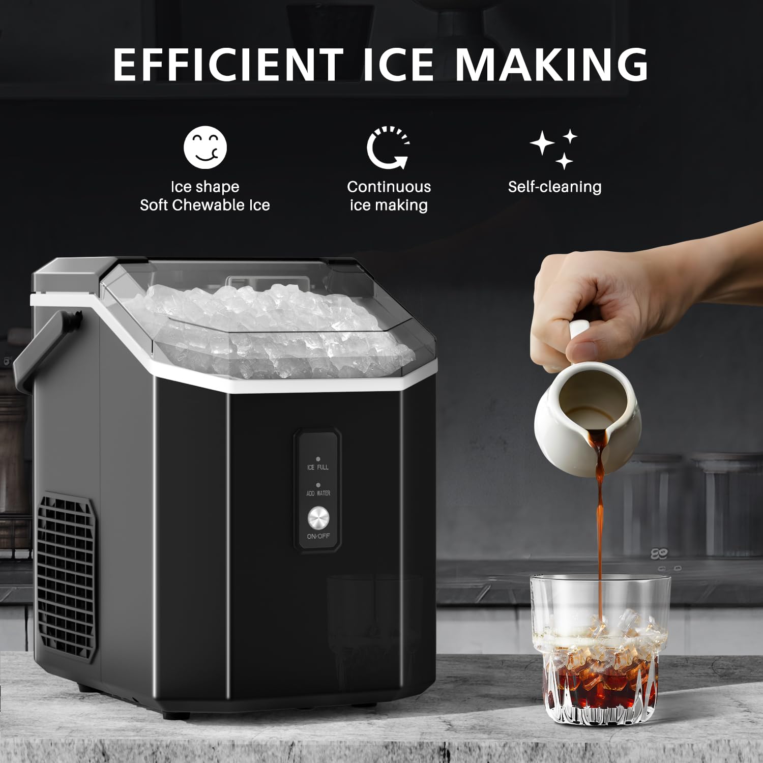Xbeauty Nugget Ice Makers Countertop, Crushed Ice Maker with Handle 35Lbs/24H,Soft Chewable Ice, Pebble Ice Maker with Self-Cleaning, Ice Scoop& Basket,for Home,Office,Kitchen（Black）