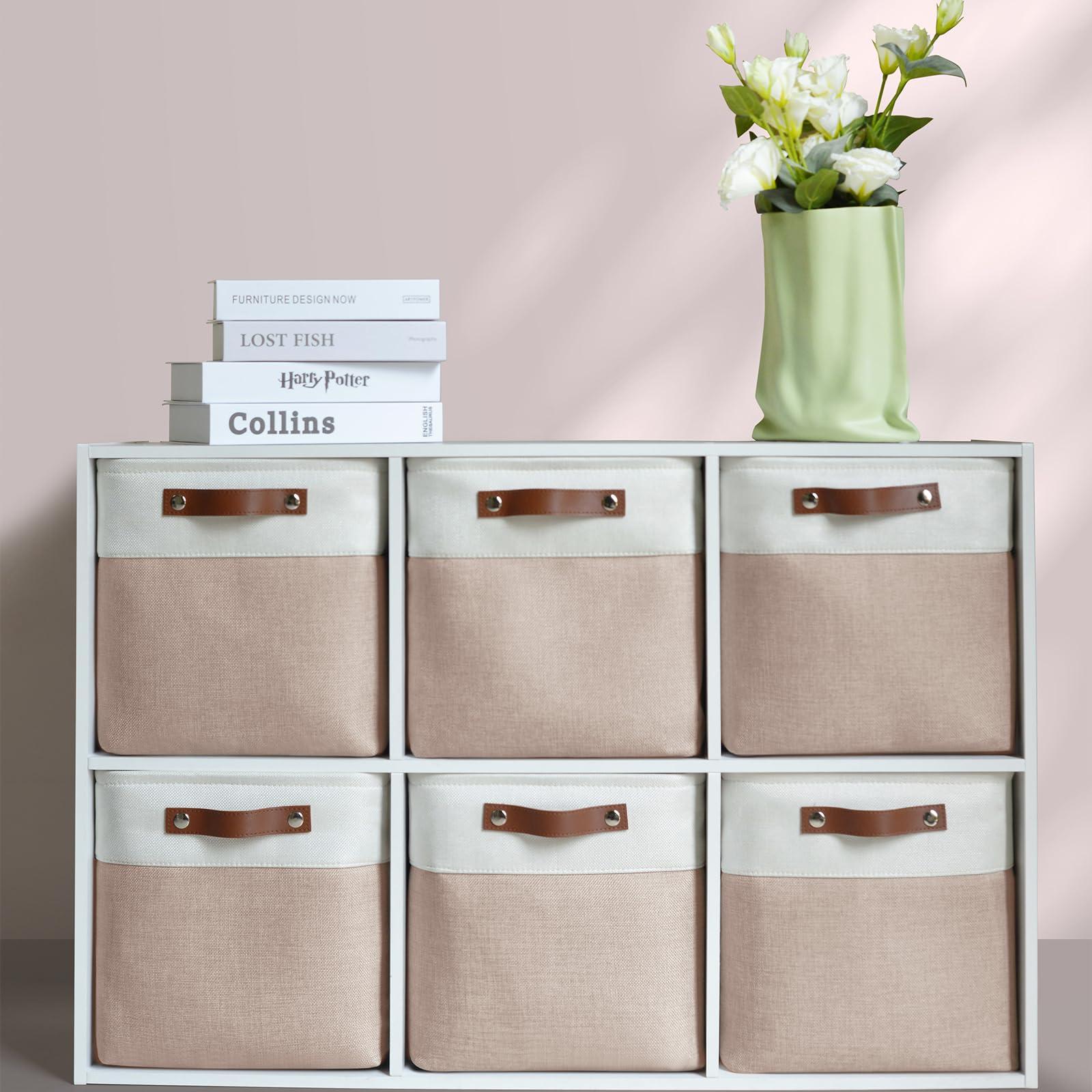 Patvingot Collapsible Fabric Cube Storage Bins 11x11×11, Pack of 6 Closet Basket Boxes with PU Handles for Organizing Shelves, Toys, Clothes, Home, Office,Laundry,Office(White&Pink)