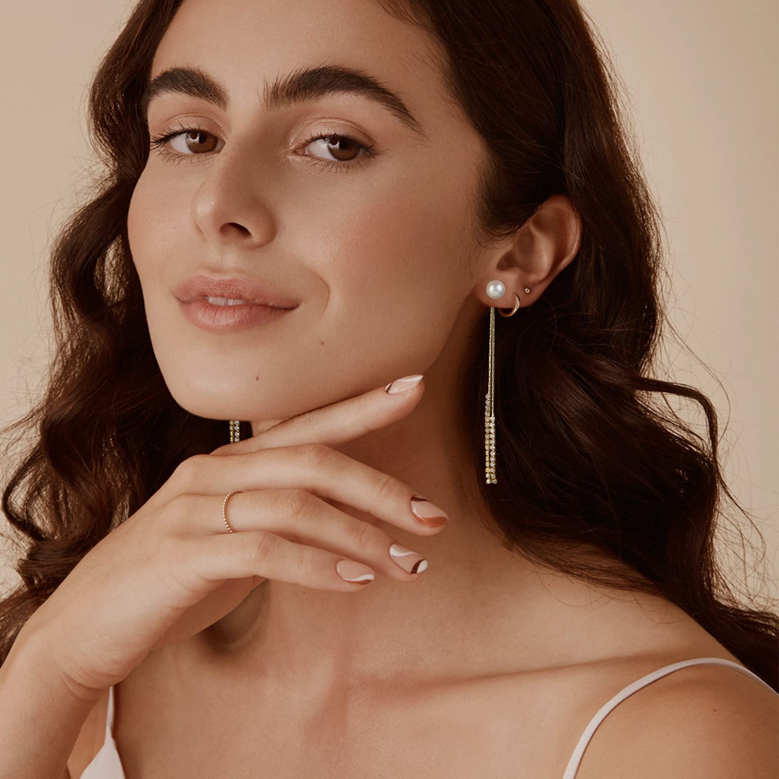 Long Pearl Dangle Earrings for Women, 14K Gold Plated Chain Stud Earring Hypoallergenic Wedding Bridal Tassel Cubic Zirconia Earrings (Style-C)