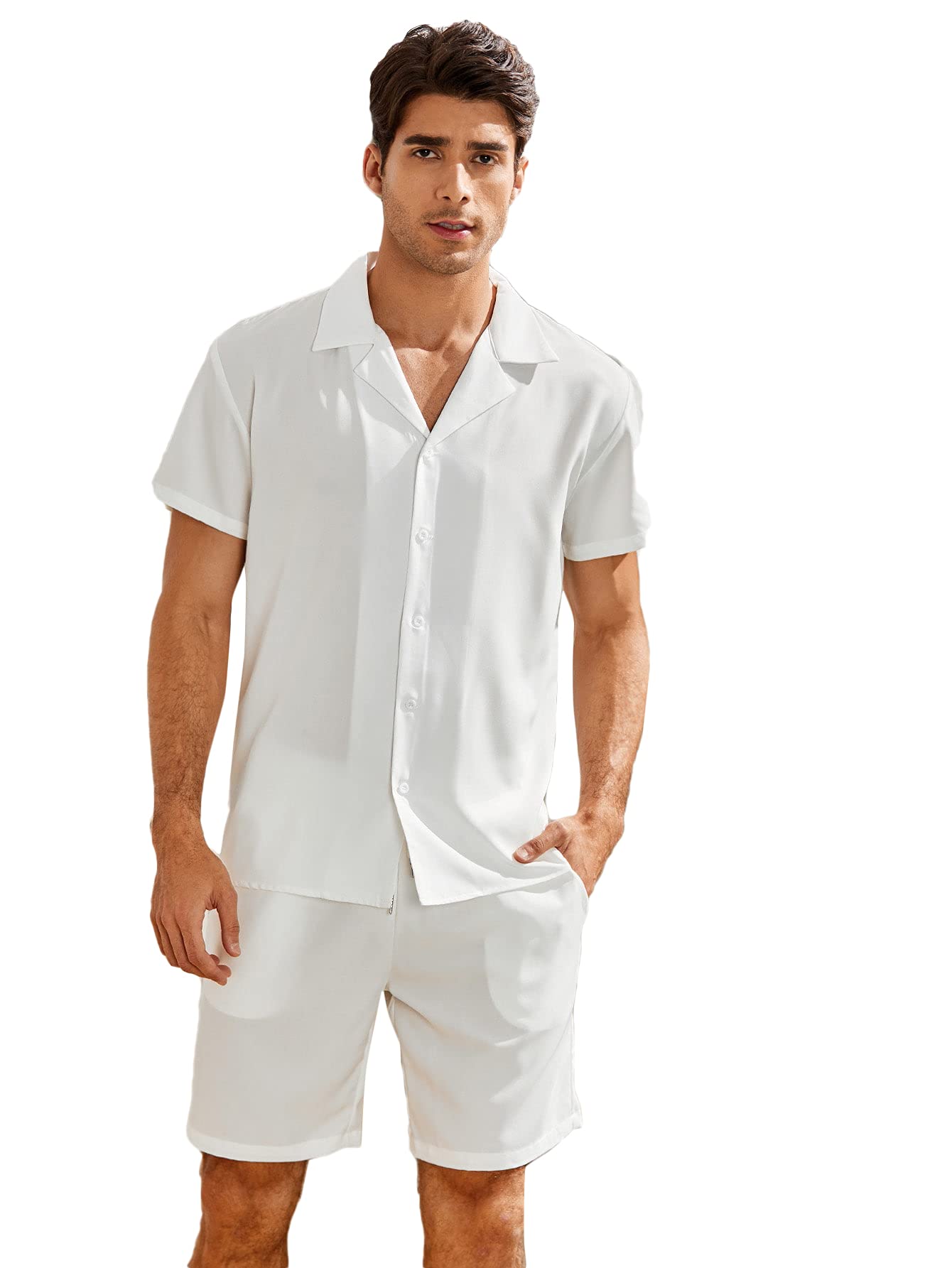 MakeMeChic Men's 2 Piece Button Down Short Sleeve Shirt Top and Shorts Set White XXL