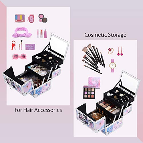 Joligrace Makeup Train Case for Girls Cosmetic Box Kids Jewelry Organizer Hair Accessories Storage Lockable with 2-Tier Trays & Mirror Mermaid Princess
