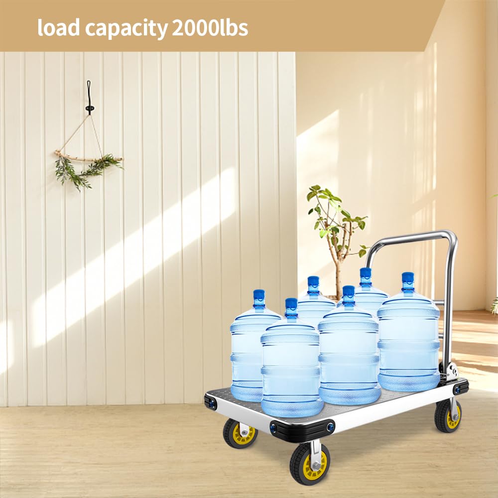 Platform Truck, Folding Push Dolly Cart with Rubber Mat, 2200lbs Capacity, Heavy Duty Flatbed Moving Cart with 6'' 360° Swivel Wheels(41‘’×25'')