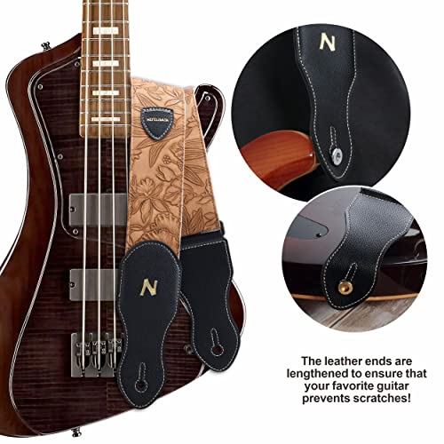 Nefelibata Guitar Strap with Pick Pocket,2.3 inch Porter Style Vegan Leather Carving Guitar Straps,60s Vintage Style(Brown Yellow)