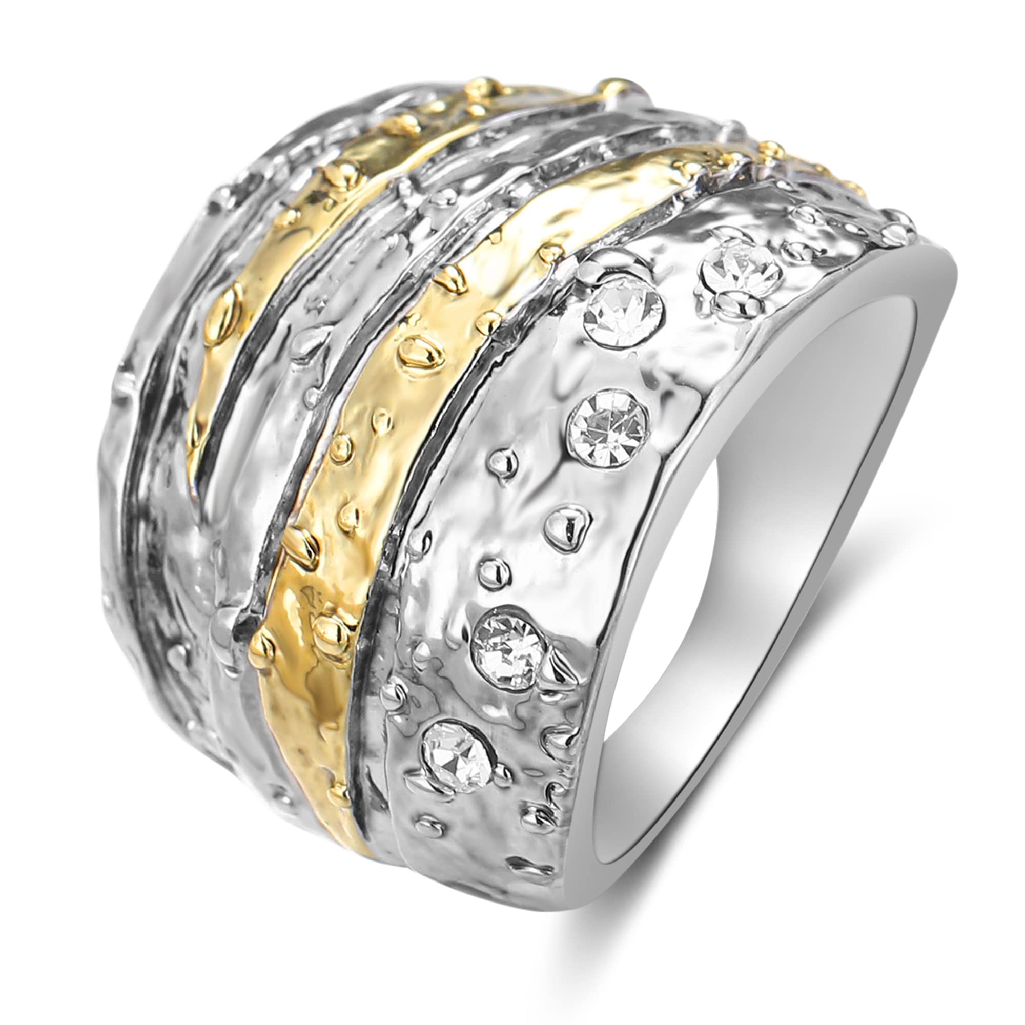 Mytys Gold Silver Statement Rings for Women Wire Intertwined Design Rose Gold Band Ring Silver Plated 20mm Wide (Crystal silver and gold, 9)