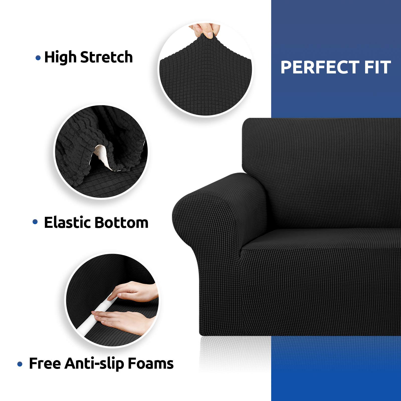 KEKUOU Stretch Sofa Cover Slipcover ,Couch Covers for 3 Cushion Couch Sofa pet Friendly (79"-94") Furniture Protector Sofa with Elastic Bottom for Kids,Dog, Jacquard Small Checked(Large,Black)