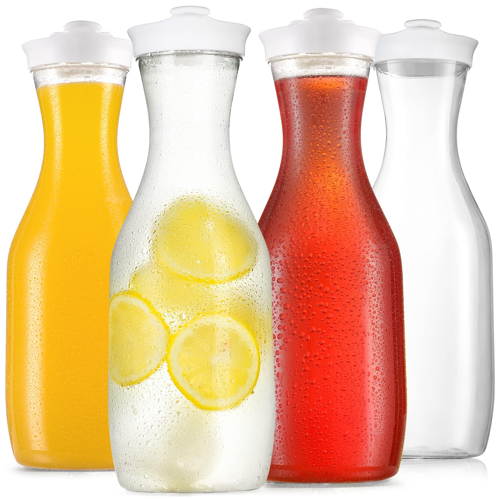 NETANY 50 Oz Water Carafe with Flip Top Lid, Clear Plastic Pitcher Jug, 4 Pack Juice Containers, BPA Free - for Water, Iced Tea, Juice, Lemonade, Milk, Cold Brew, Mimosa Bar āHAND WASH ONLY