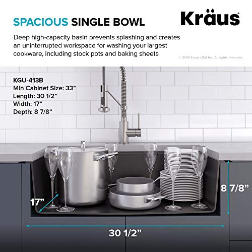 KRAUS 31 Inch Undermount Single Bowl Black Onyx Granite Kitchen Sink with WasteGuard⢠Continuous Feed Garbage Disposal, KGU-413B-100-75MB